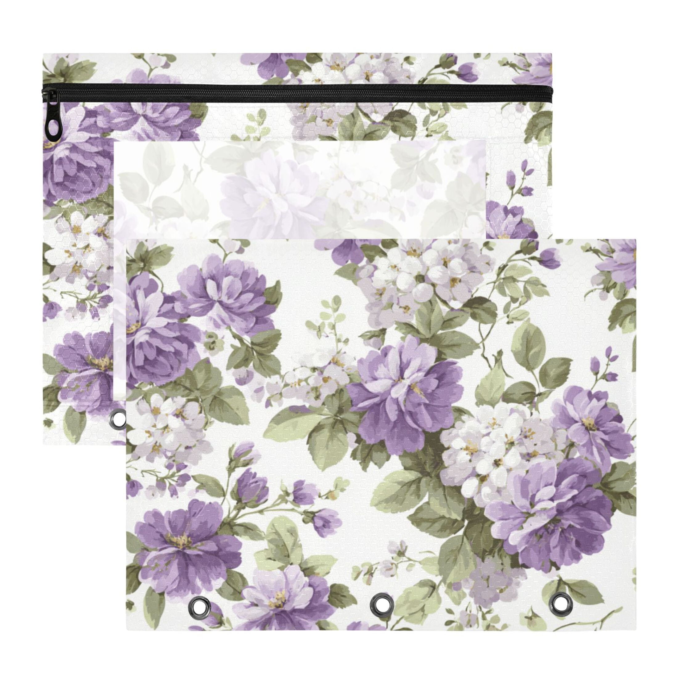 Purple White Florals Light Green Leaves 3-Ring Binder Pouches A4 Size ...