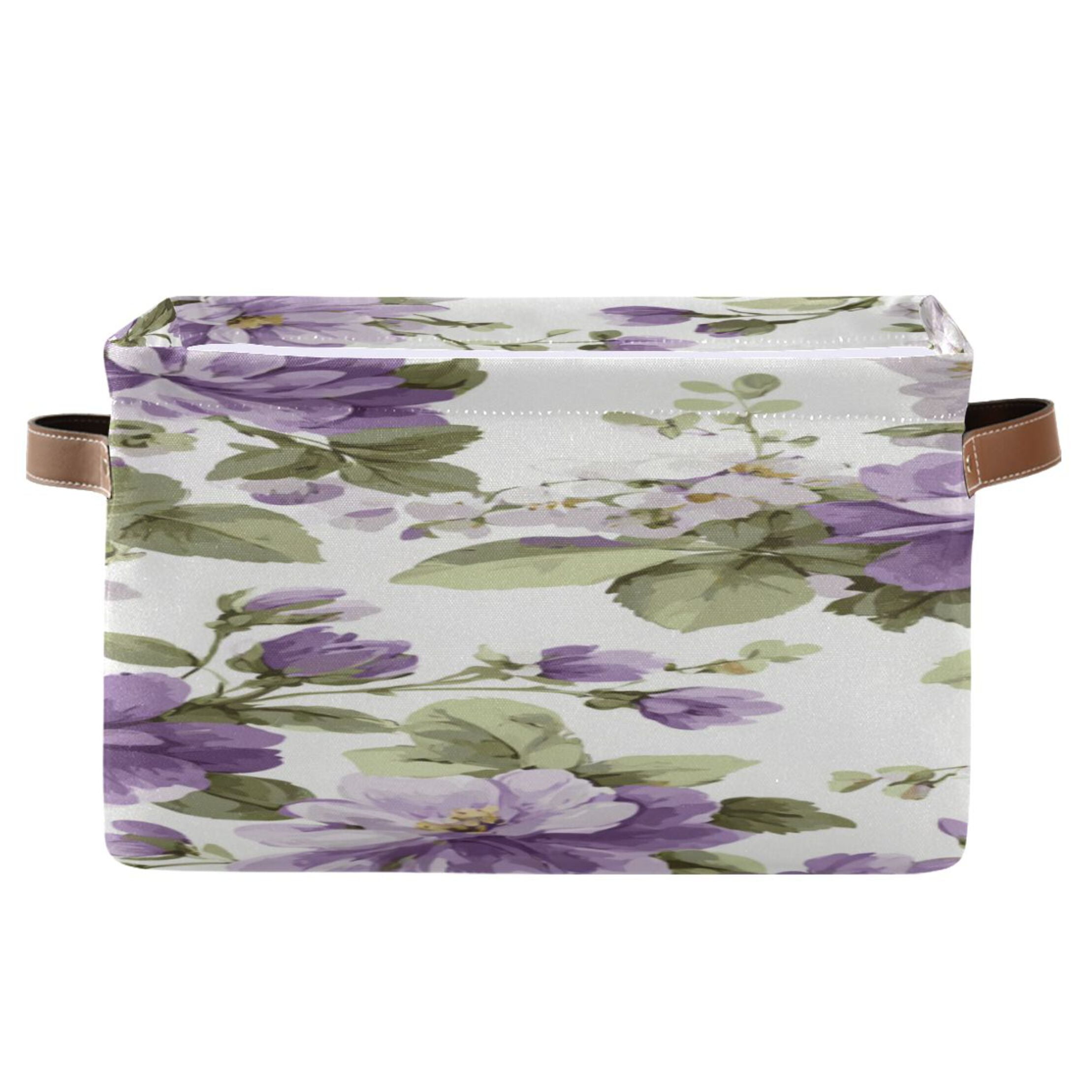 Purple White Florals Light Green Leaves Square Storage Bins with ...