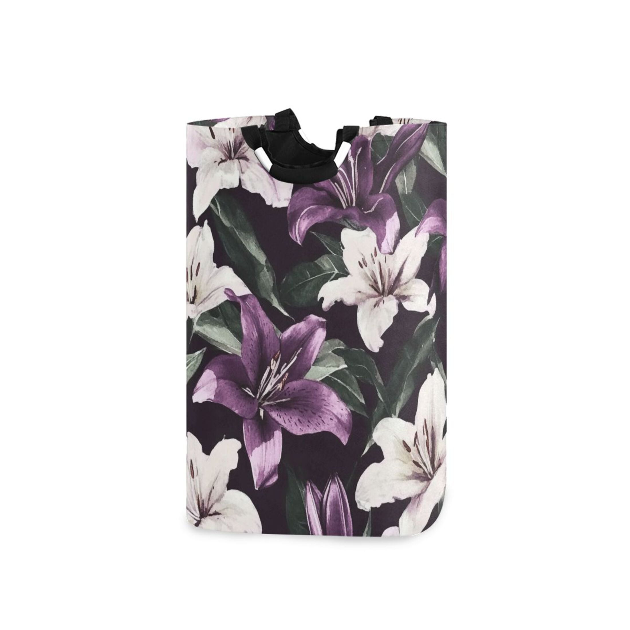 Purple White Flower Laundry Basket with Handles 50L Collapsible Laundry ...