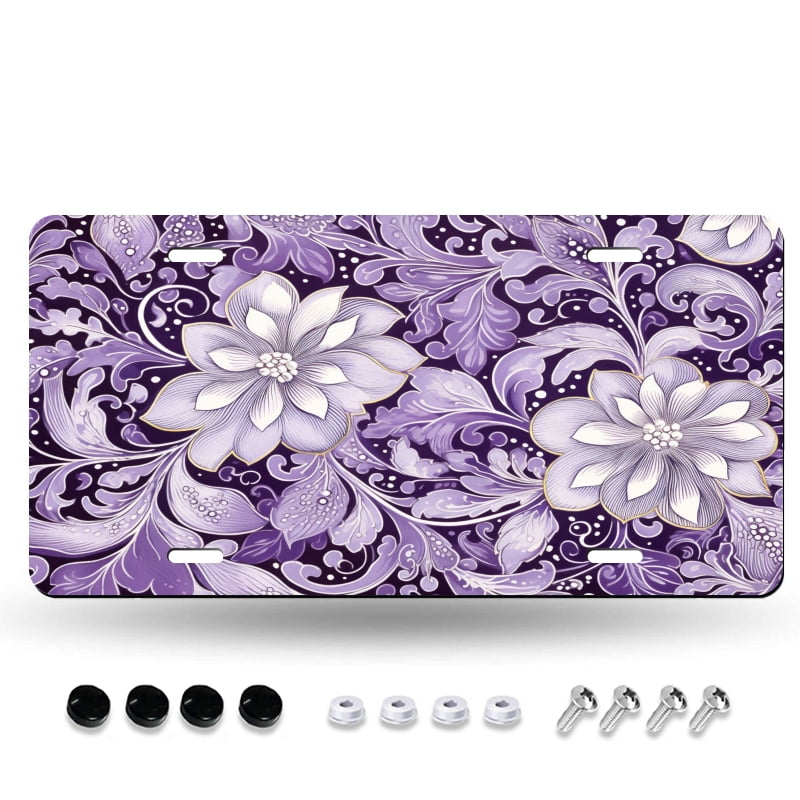Purple and White Flowers and Leaves on a Purple Background License Plate Frame, Decorative ...