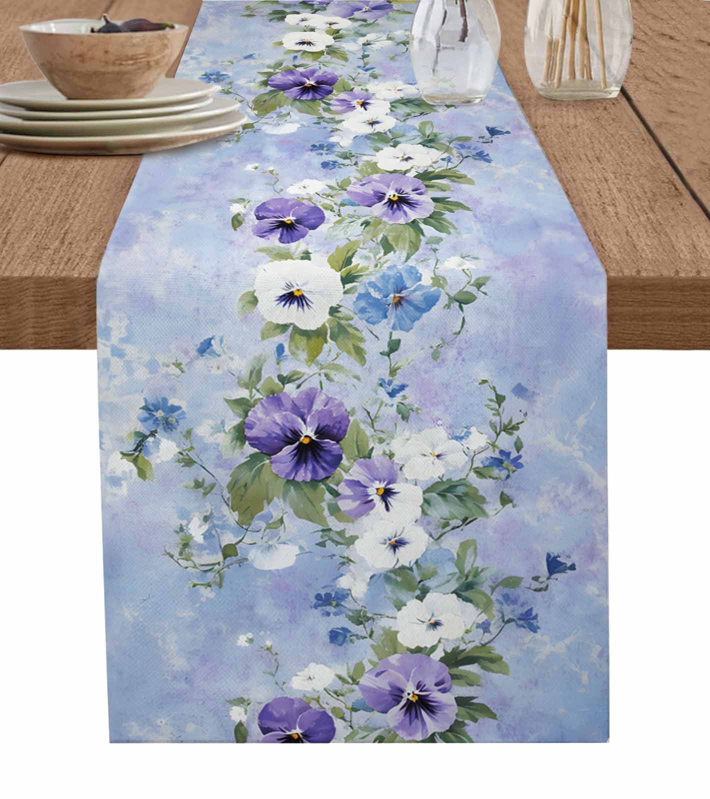 Purple White Flowers Table Runner 72 Inches, Spring Farmhouse Botanical ...