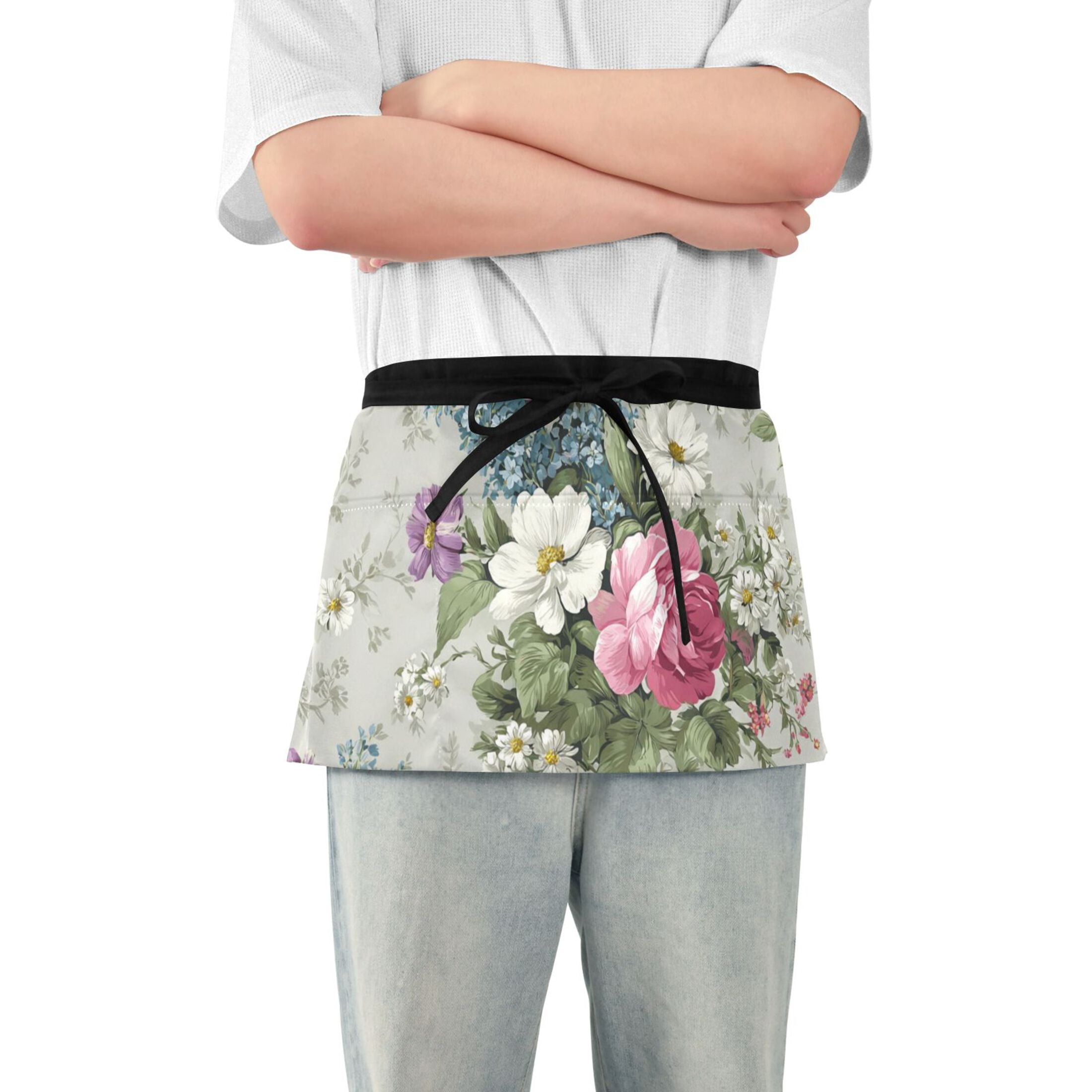 Purple White Pink Florals Vintage Short Server Apron with 3 Pockets for ...