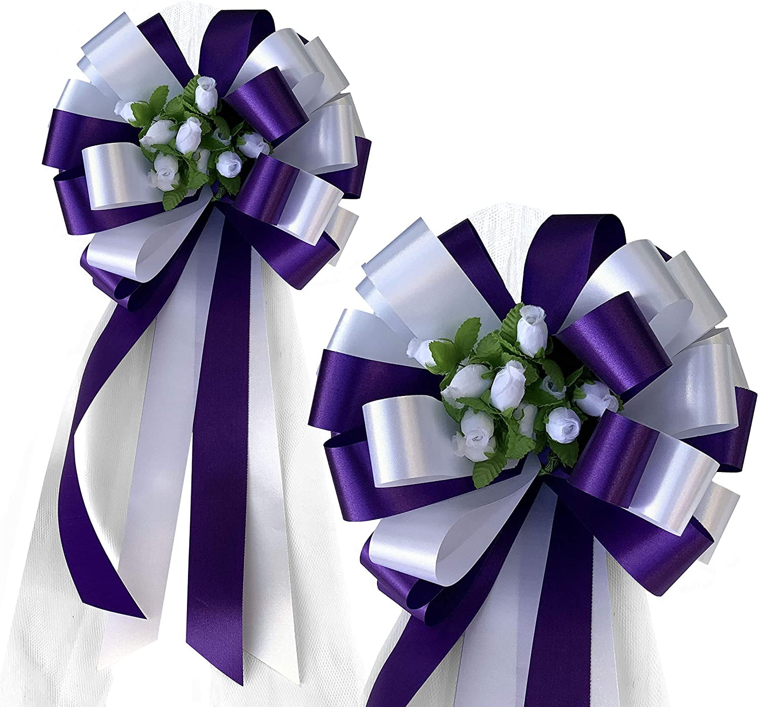 Purple & White Wedding Pull Bows with Tulle Tails and Rosebuds - 8 ...