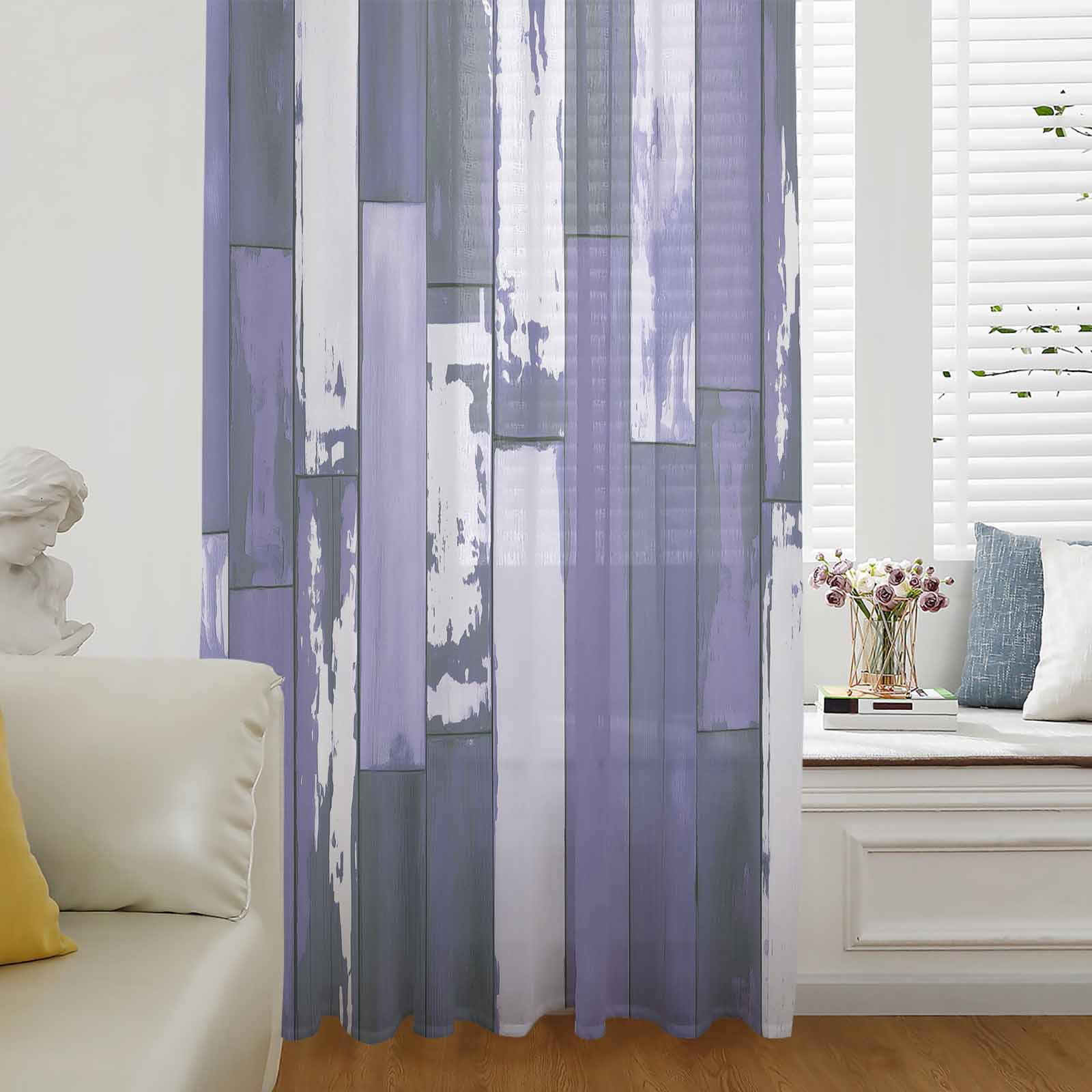 Purple Window Curtain 72 Inches Long,Rustic Farmhouse Wood Grain Mottled Texture Semi Sheer Rod ...