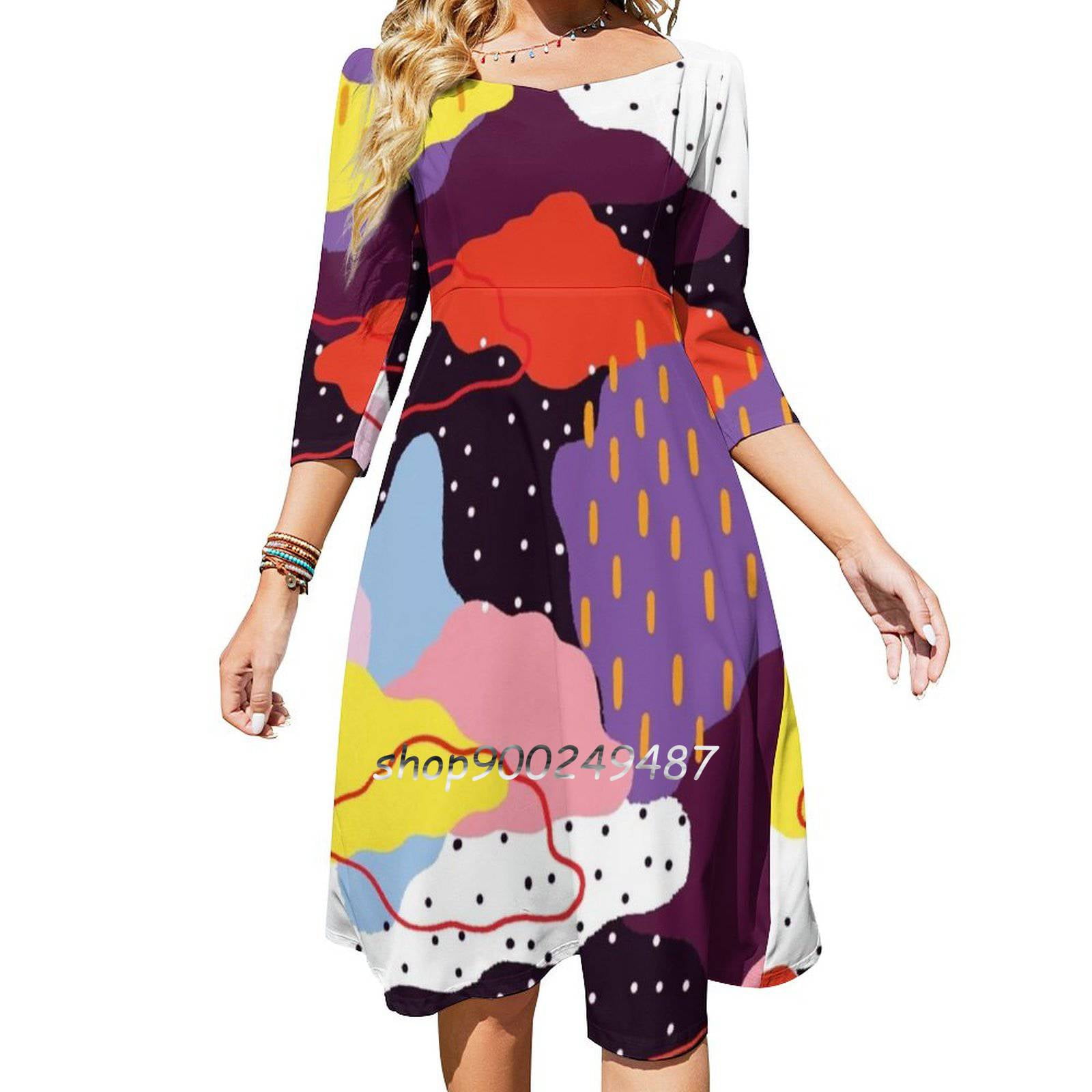 Purple Winter Square Neck Dress Cute Loose Print Dresses Elegant Beach ...