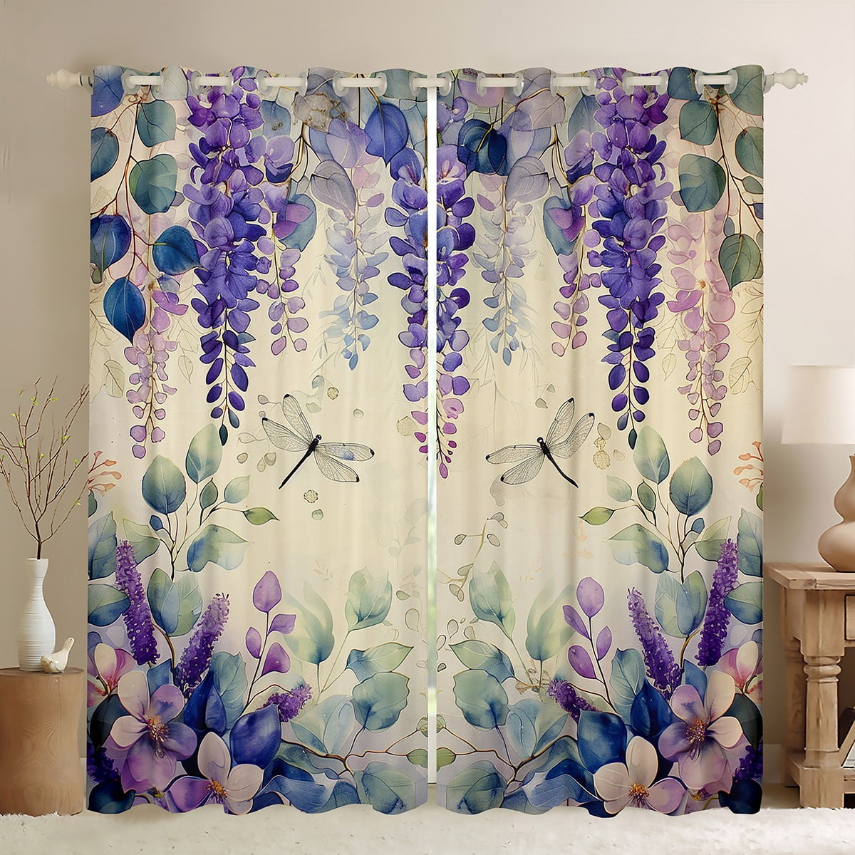 Purple Wisteria 38"Wx45"L 2 Panels Curtains & Drapes Dragonfly Floral ...