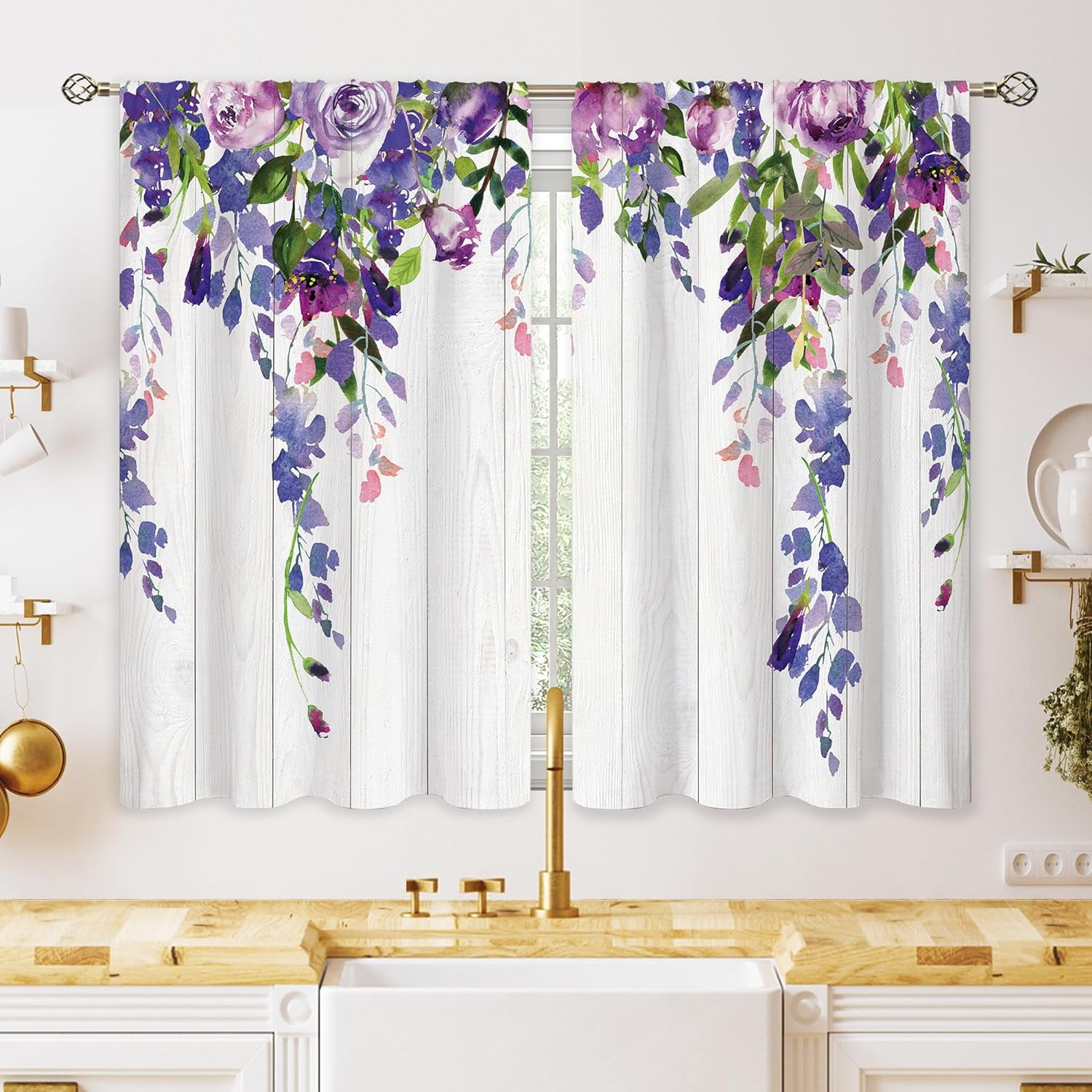 Purple Wisteria Floral Small Kitchen Curtains Lilac Window Treatment ...