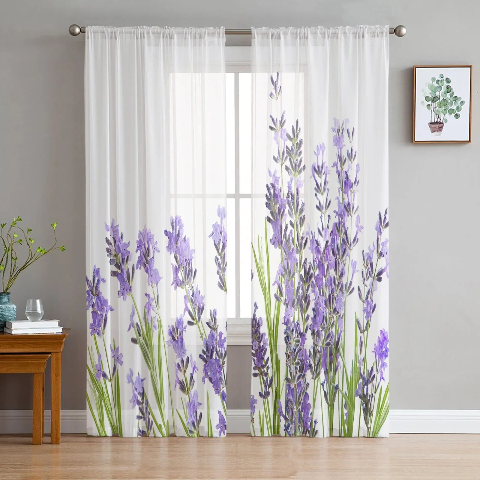 Purple Wisteria Flower White Tulle Sheer Curtains for Living Room ...