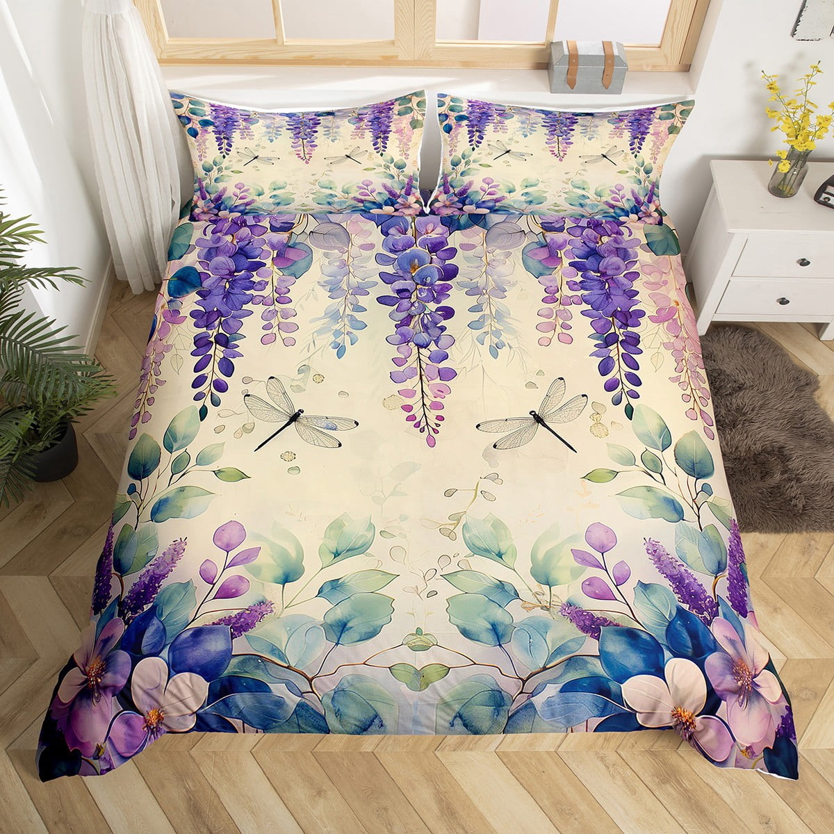 Purple Wisteria Full Duvet Cover Dragonfly Floral Comforter Cover ...
