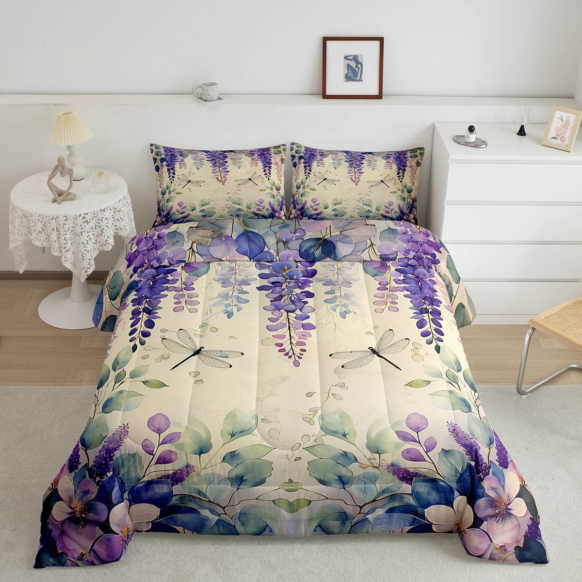 Purple Wisteria Queen Comforter Set Dragonfly Floral Bedding Set ...