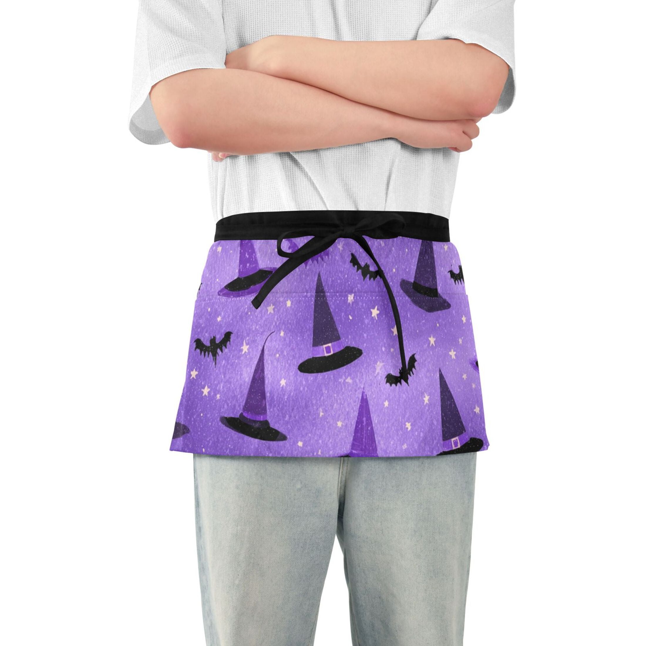 Purple Witch Hats Bats Stars Halloween Short Server Apron with 3 ...