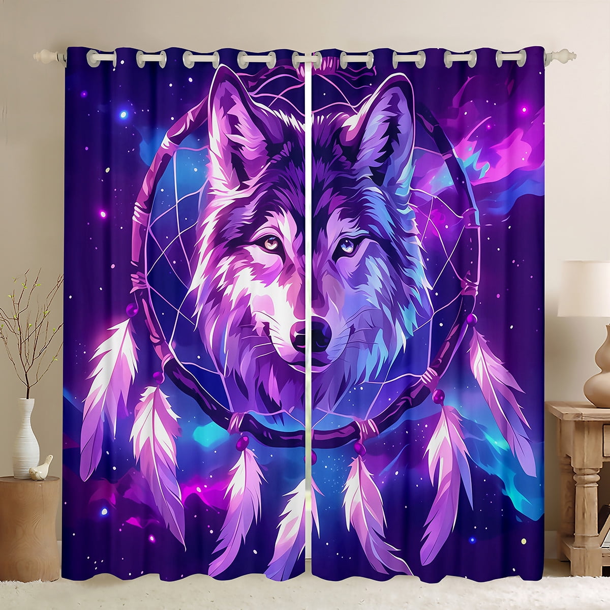 Purple Wolf Curtains,Ombre Dreamcatcher Window Curtains Drapes Teens ...