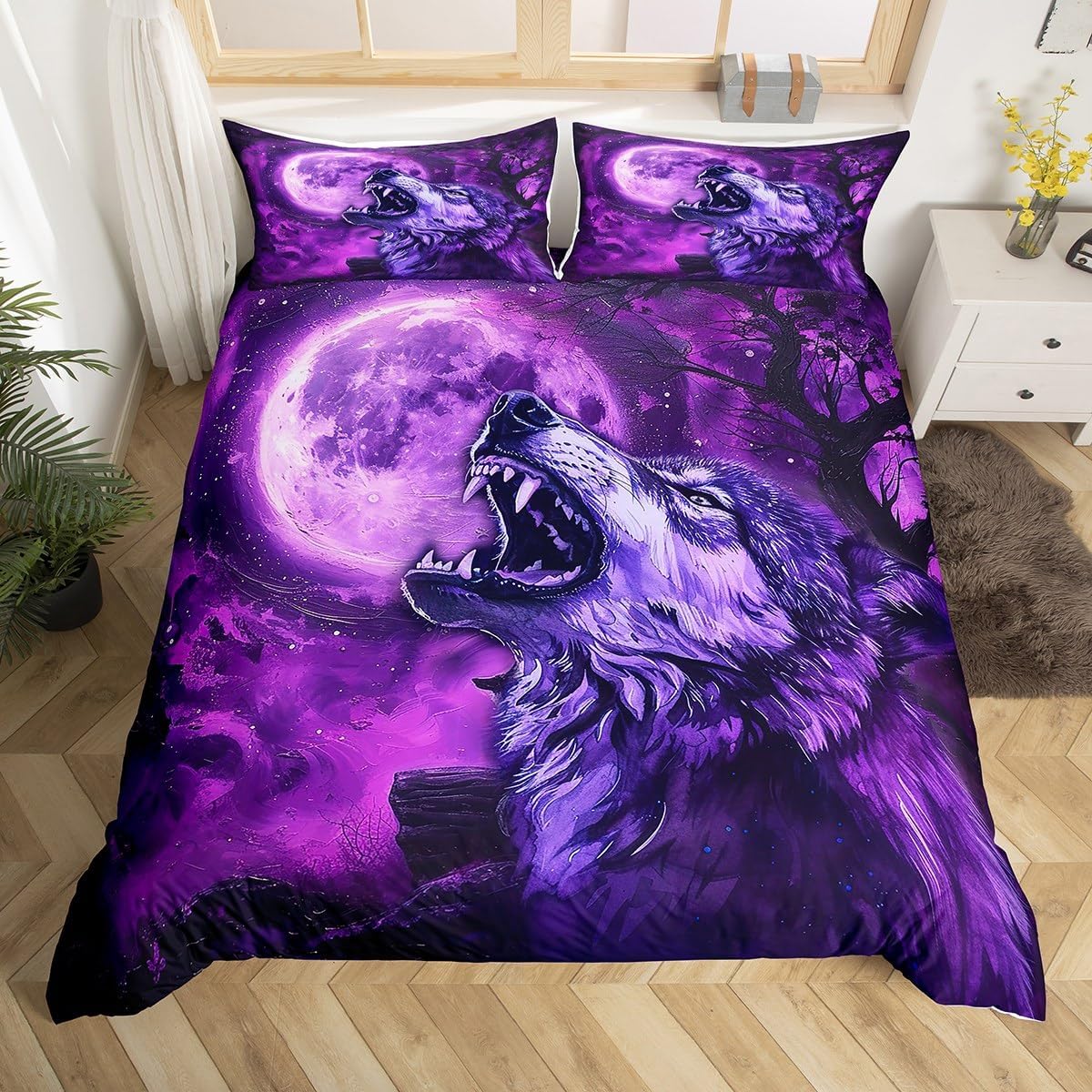 Purple Wolf Duvet Cover,Moon Galaxy Wolf Bedding Set for Girls Boys ...