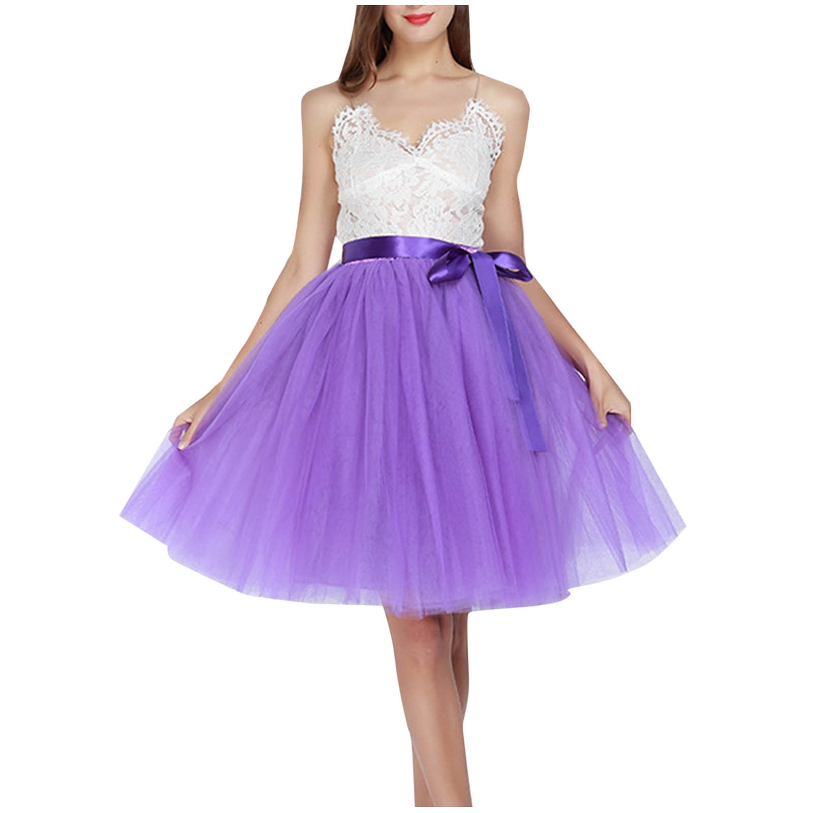 Purple Women Bow Tie Dance Tutu Cosplay Mesh Tiered Basic Midi Knee ...
