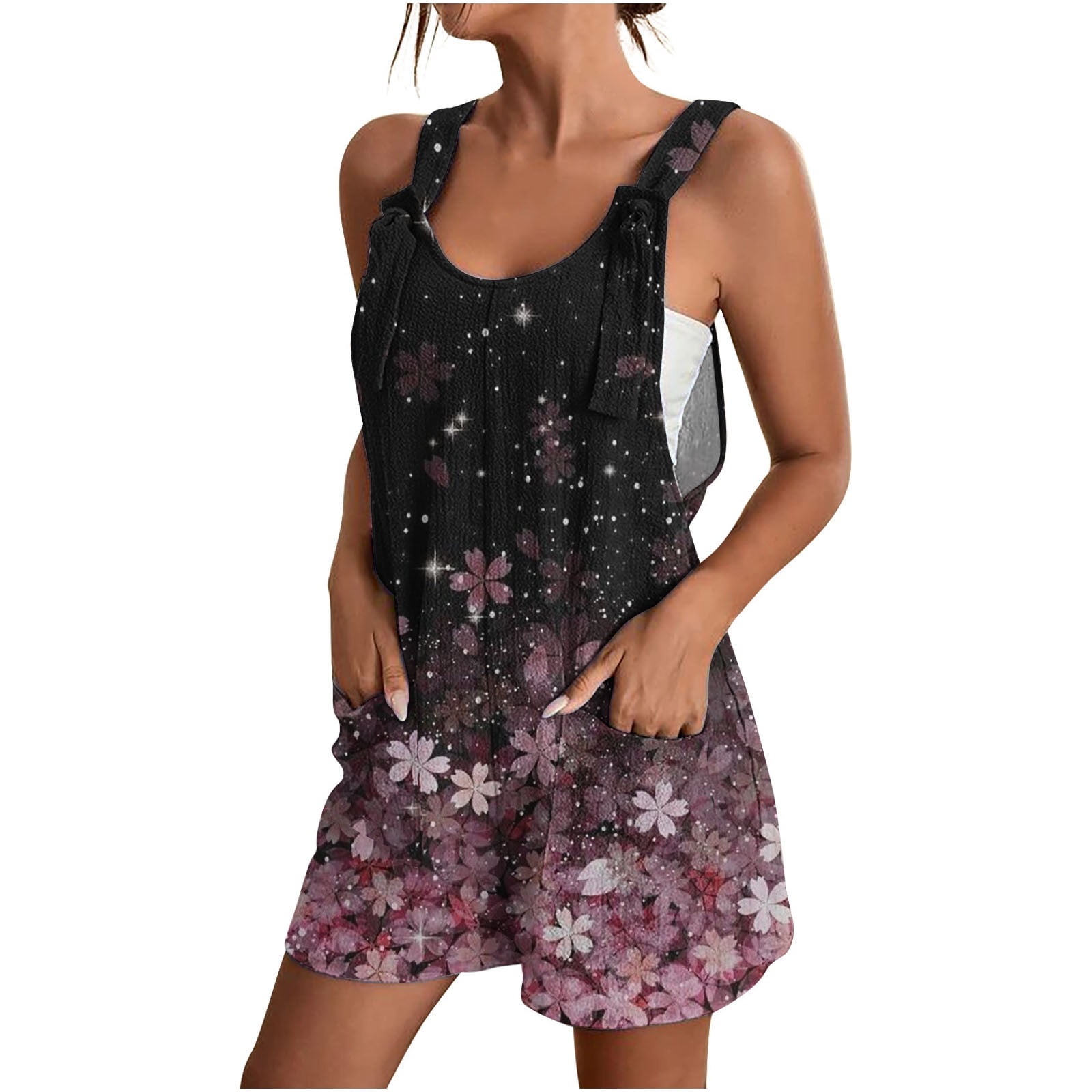 Purple Women Overalls Shortalls Floral Print Loose Fit Coveralls ...