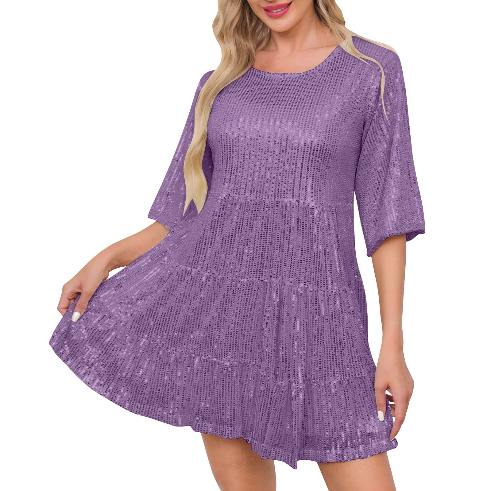Purple Women Sequin Sparkle Glitter Basic Midi Mini Short Loose Fit ...