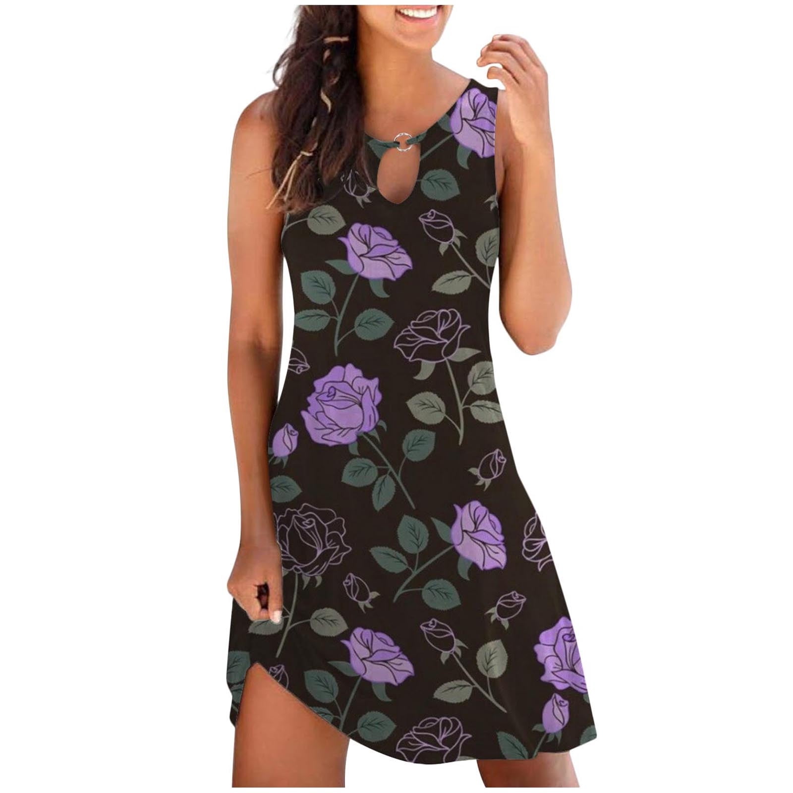 Purple Women Sleeveless Floral Print Loose Fit Dress for Teen Girls ...