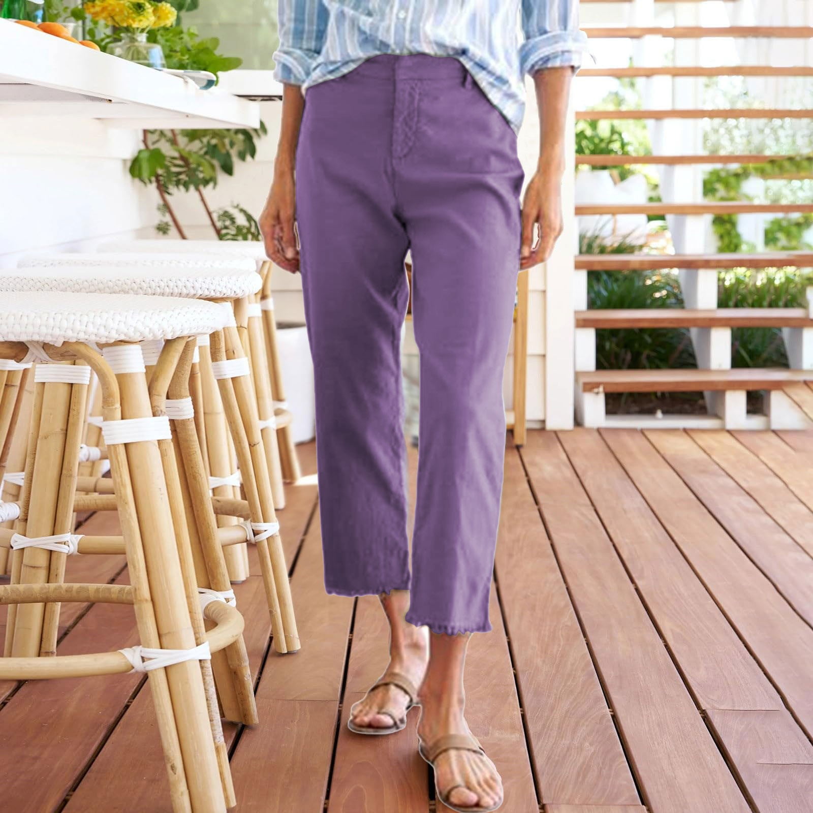 Purple Women's Pants Cropped Linen Pants Women High Waisted Straight ...