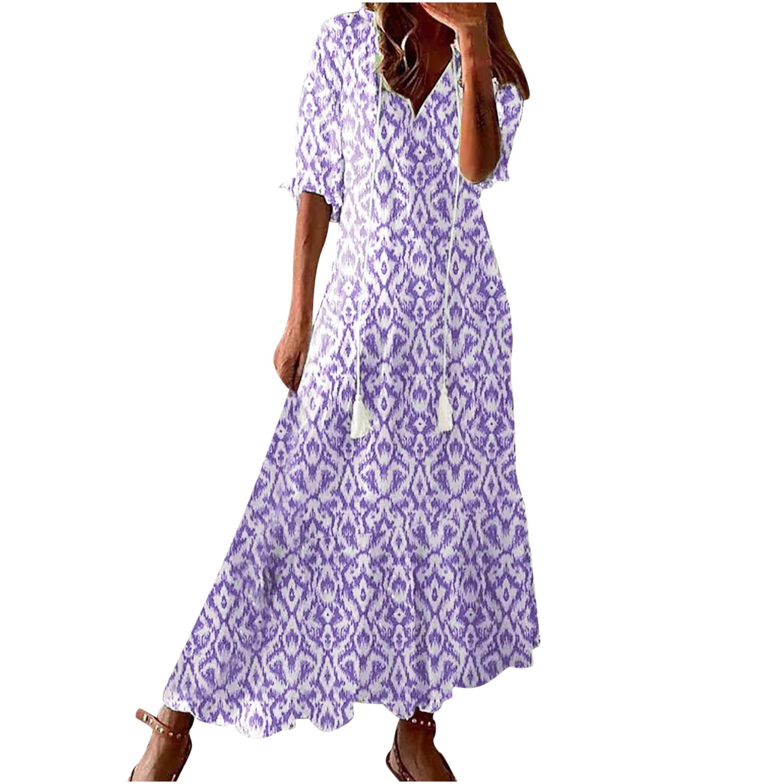 Purple Womens Beach Casual Sundresses Short Elbow Sleeve Dress ...