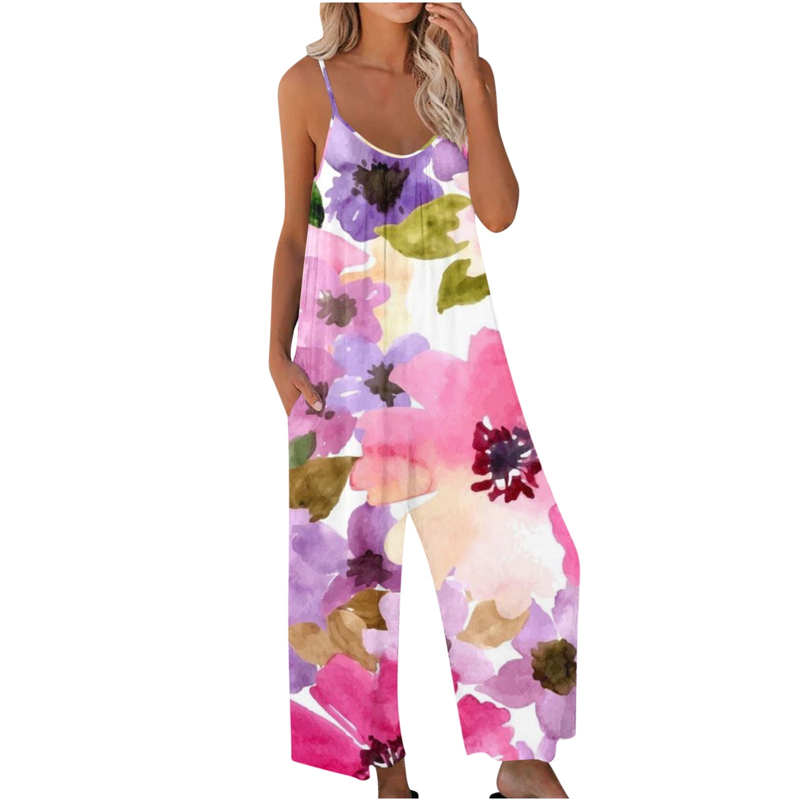 Purple Womens Floral Graphic Loose Fit Overalls Coveralls Trousers ...