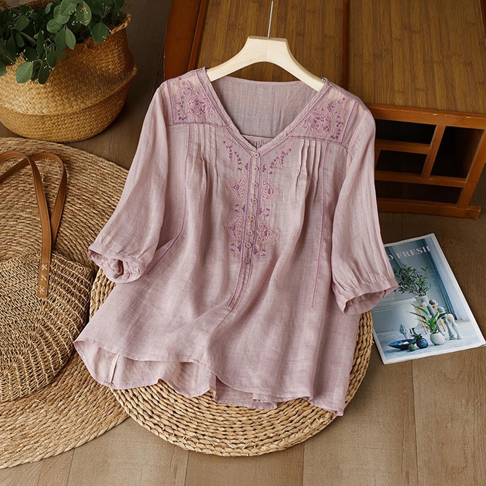 Purple Womens Tops 3/4 Sleeve Linen Shirts for Women 2025 Cotton Summer ...