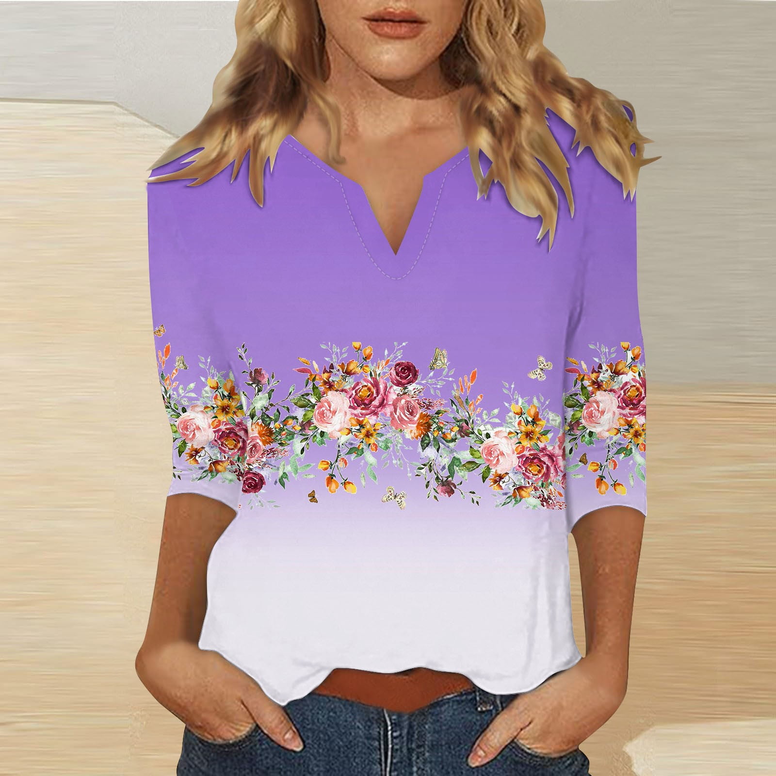 Purple Womens Tops 3/4 Sleeve Tops for Women Summer Notched V Neck ...