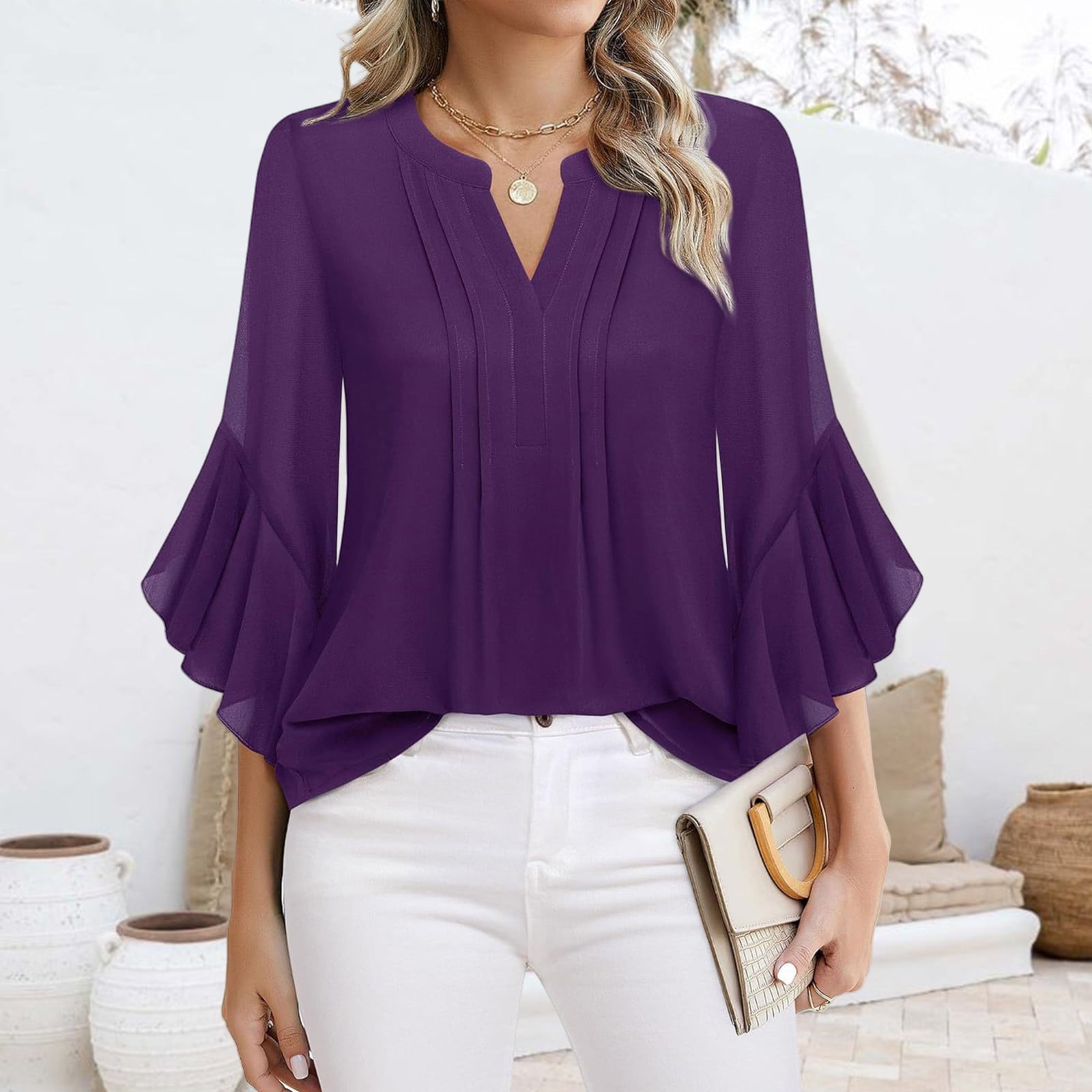 Purple Womens Tops Women's 3/4 Sleeve Tops Casual Business Work Blouses ...