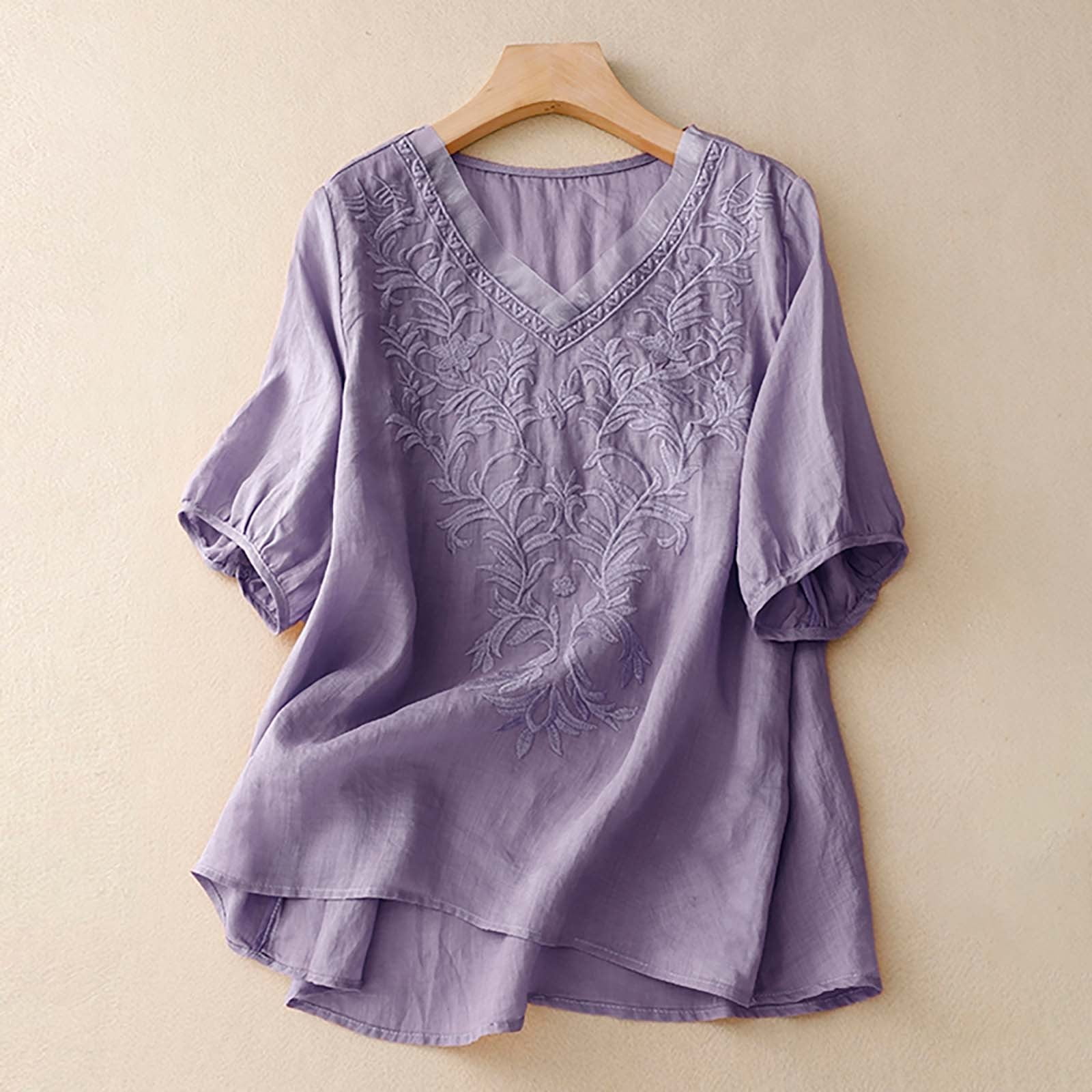 Purple Womens Tops Women's Embroidered Blouse Cotton Linen Puff Short ...