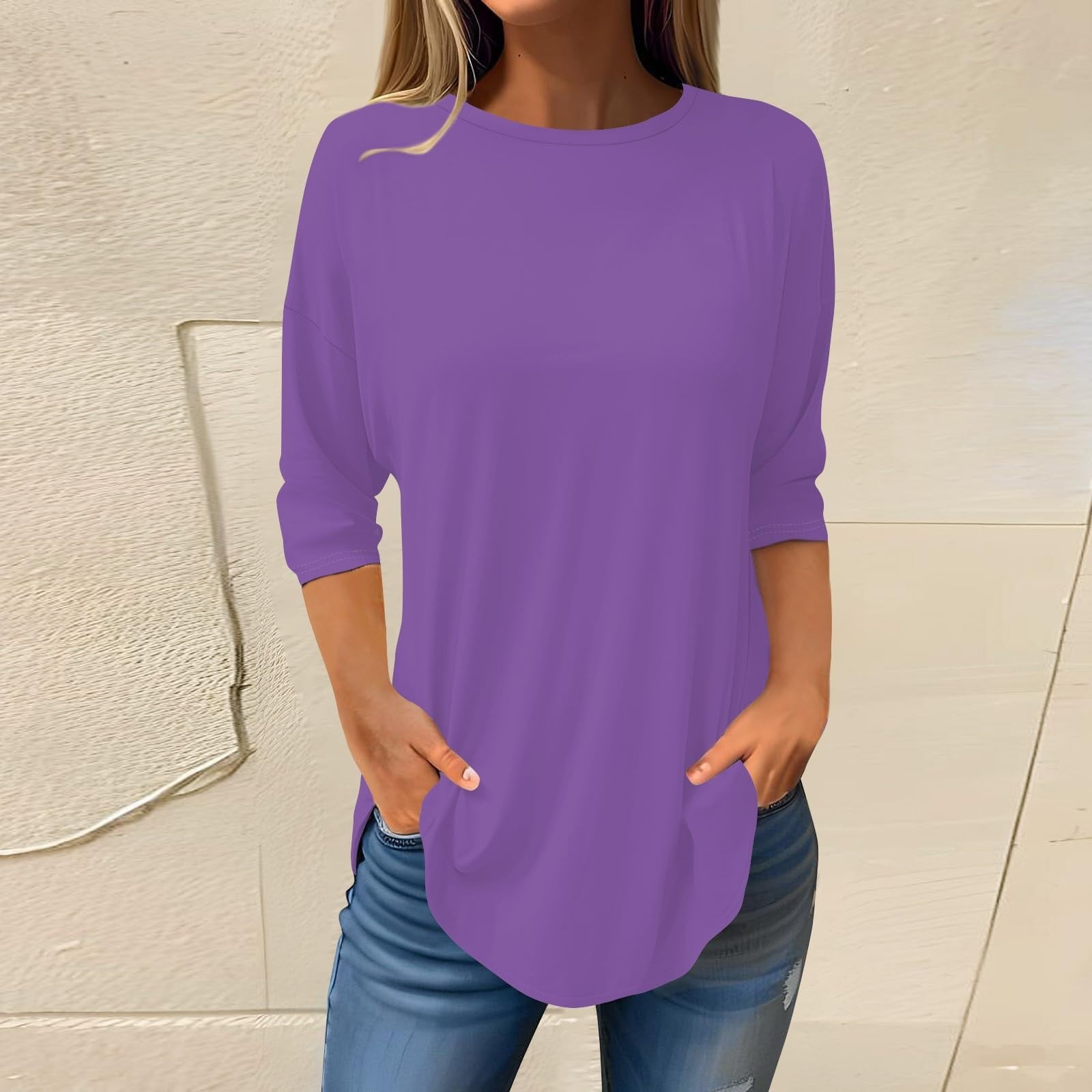 Purple Womens Tops Women's Pure Color Fashionable Casual Round Neck and ...