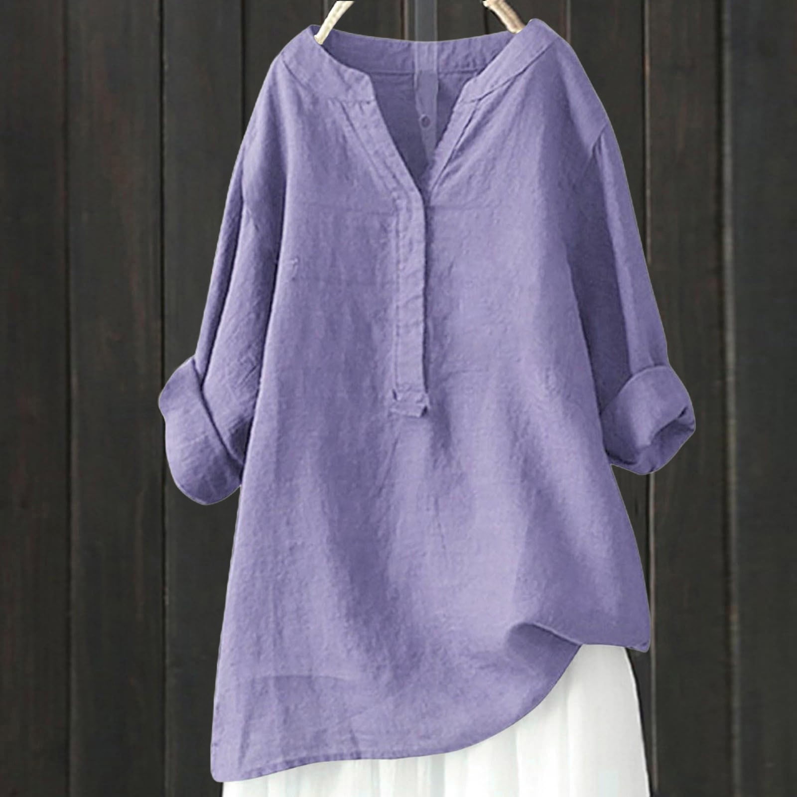 Purple Womens Tops Womens Cotton Linen Shirts Solid 3/4 Sleeve Summer ...
