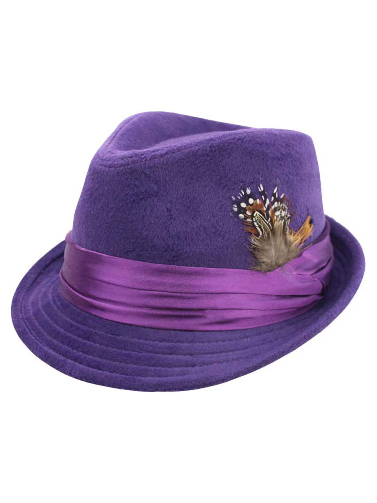 Purple Wool Felt Fedora Hat, Feather Trim, Size Large, Satin Band, 1.75 ...
