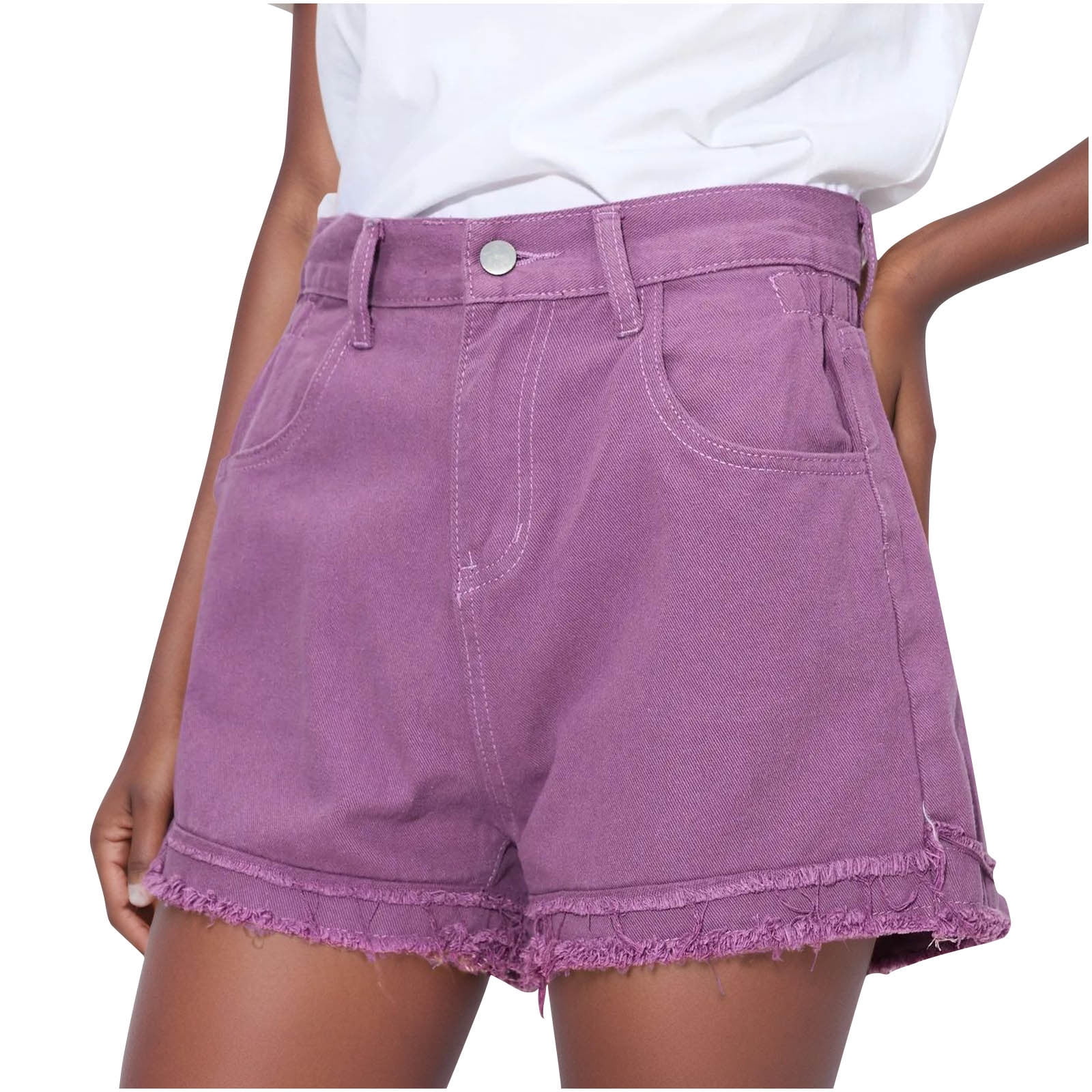 Purple Work Shorts for Women Fall Summer Faux Silk Denim Fringe Thin ...
