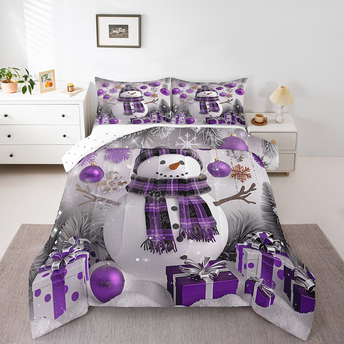 Purple Xmas Comforter Set Twin Size Snowman Winter Themed Bedding Merry ...