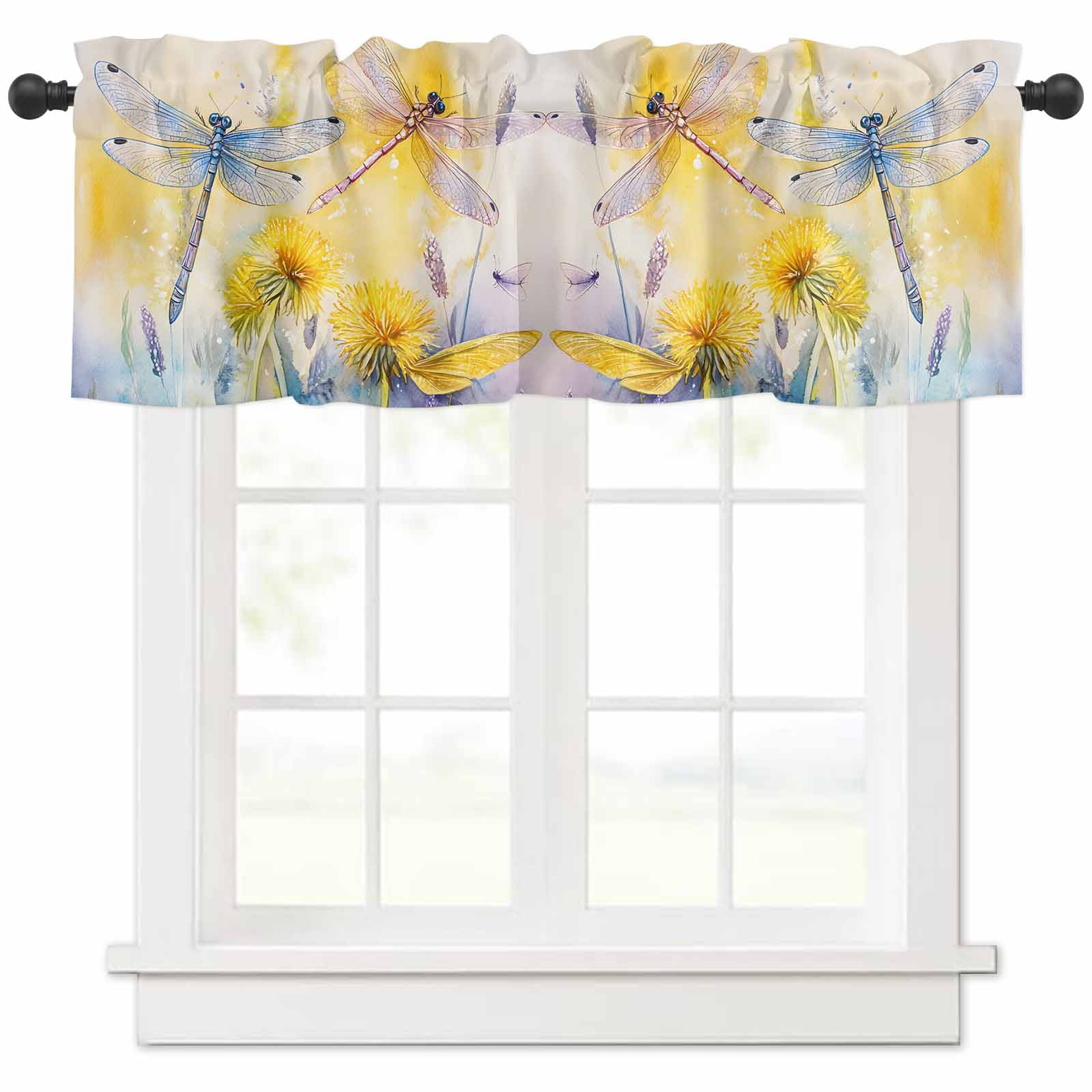 Purple Yellow Dragonfly Valances for Windows Farmhouse Kitchen Curtains ...