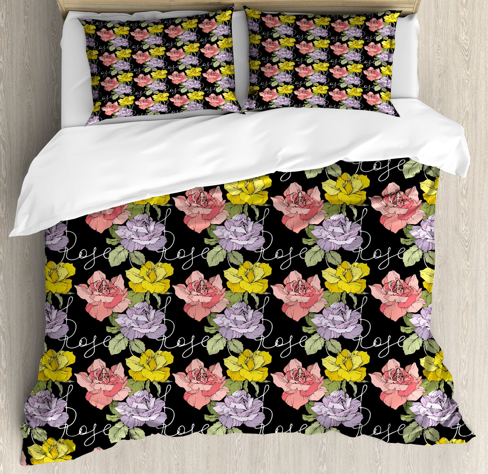 Purple and Yellow Duvet Cover Set, Engraved Ink Art of Floral Plants ...