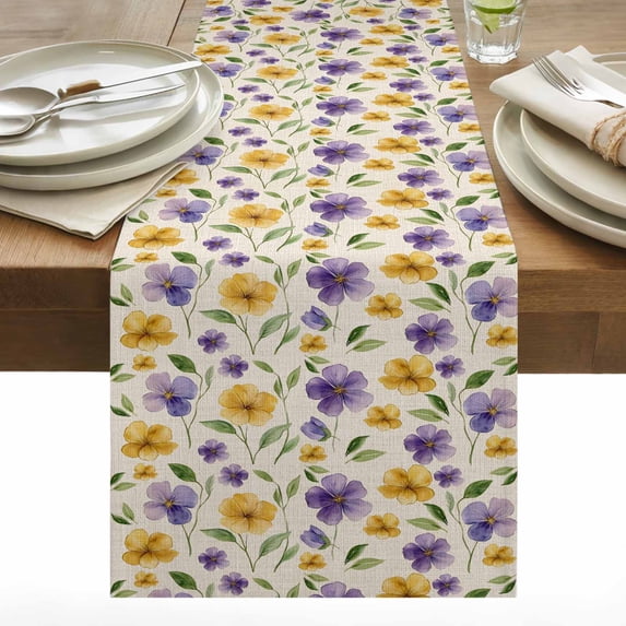 Purple Yellow Flower Cotton Linen Table Runner Spring Green Leaf ...