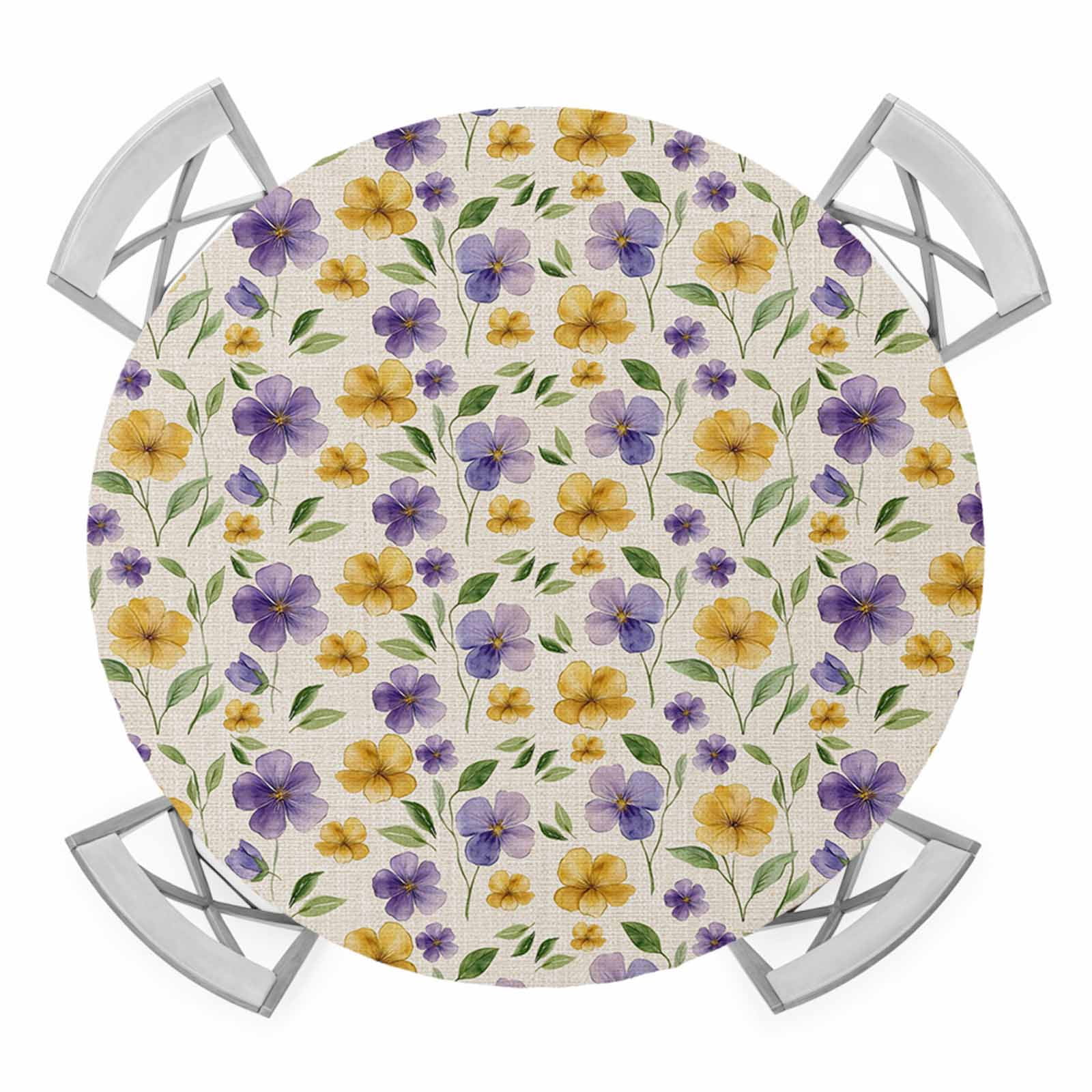 Purple Yellow Flower Round Tablecloth for 36-44 Inch Tables,Fitted ...