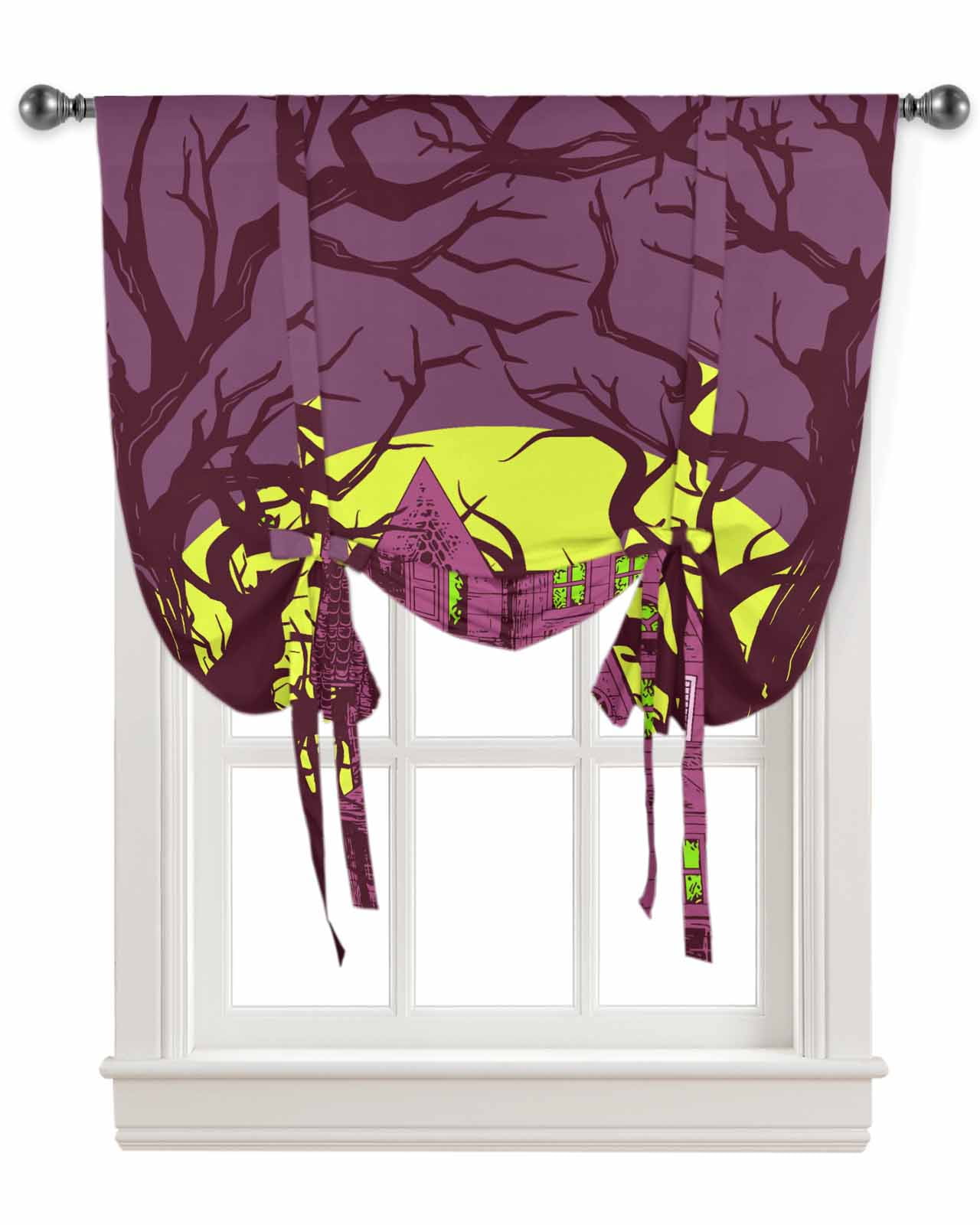 Purple Yellow Halloween Tie Up Curtains for Window, Castle Tree Moon Night Thermal Insulted ...