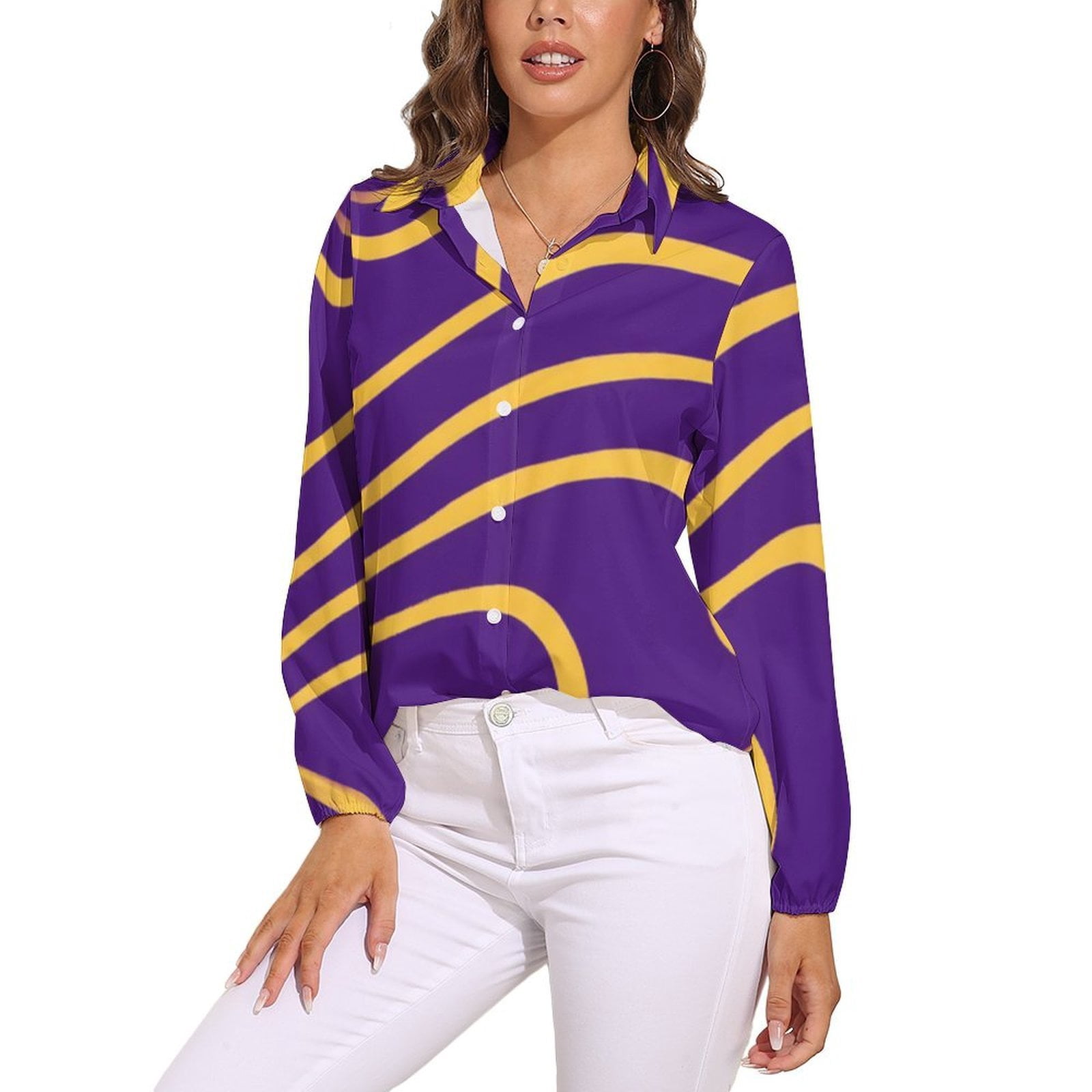 Purple Yellow Wavy Lines(1) Vntage Casual Long Sleeve Shirt Blouse ...
