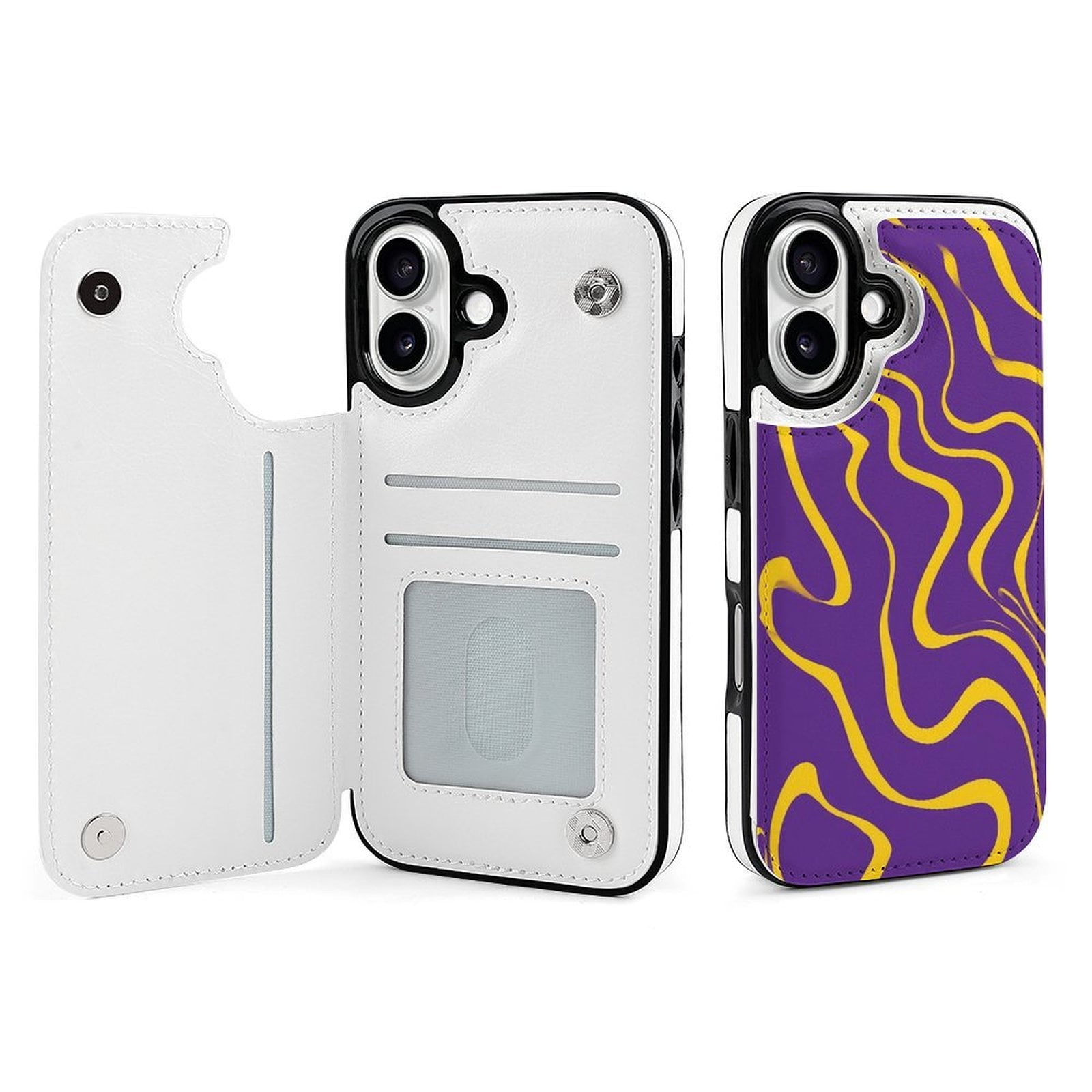 Purple Yellow Wavy Lines Leather Wallet Case for iPhone 15 14 13 12 11 ...