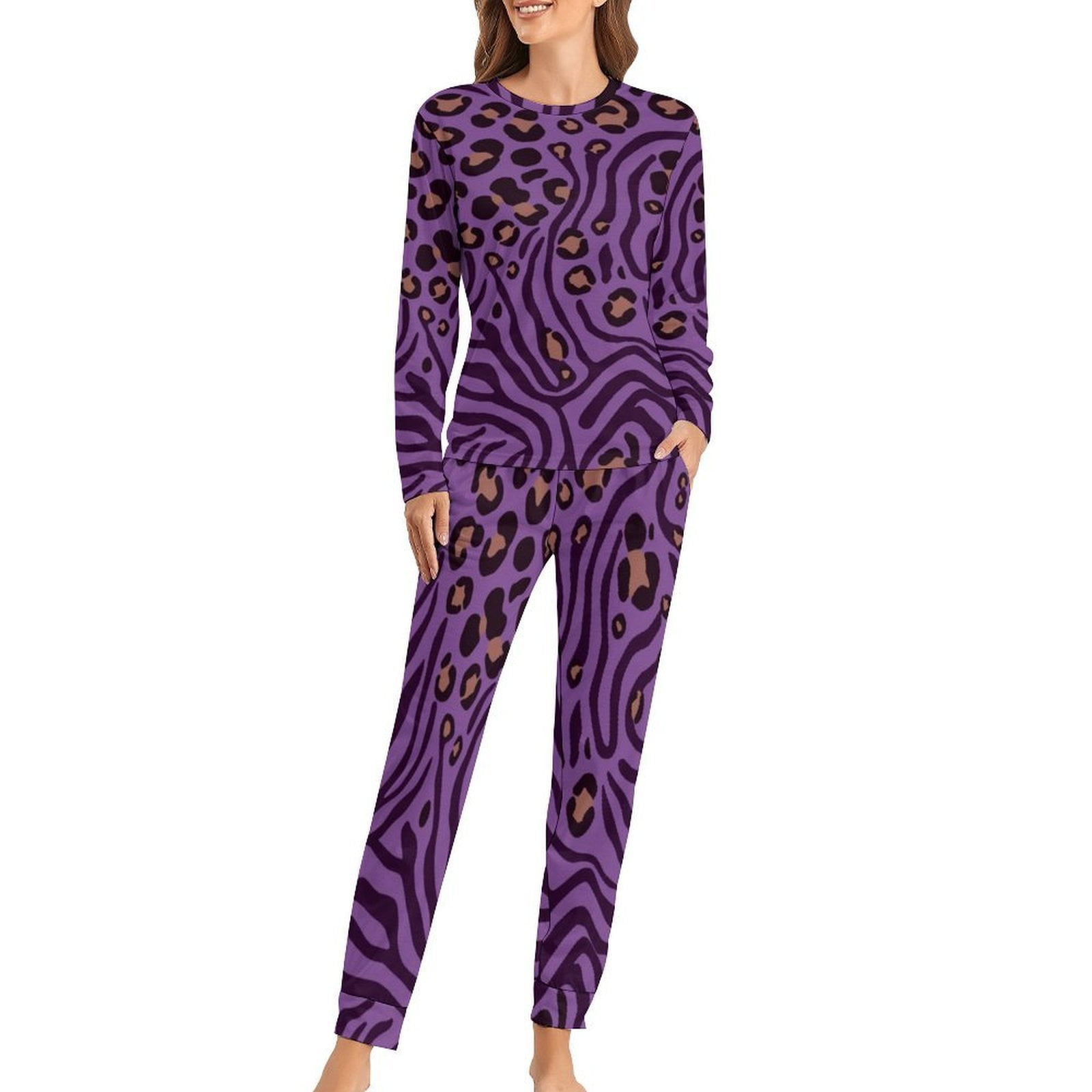 Purple Zebra Leopard Print Pajamas 2 Pieces Pajama Sets Woman Long ...
