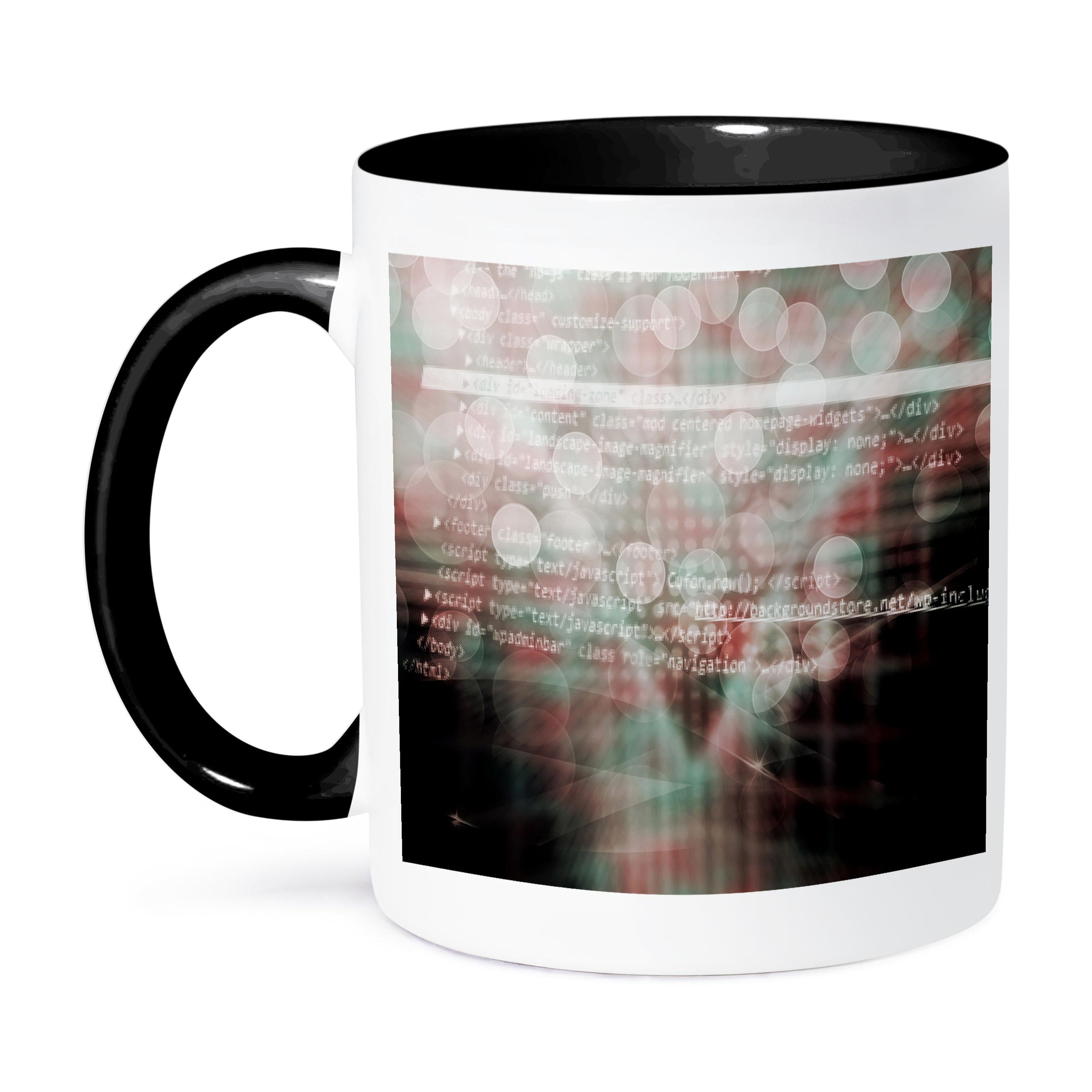 3dRose, Purple and Aqua Bokeh Sparkle With Internet Coding Overlay, 11oz Two-Tone Black Mug ...