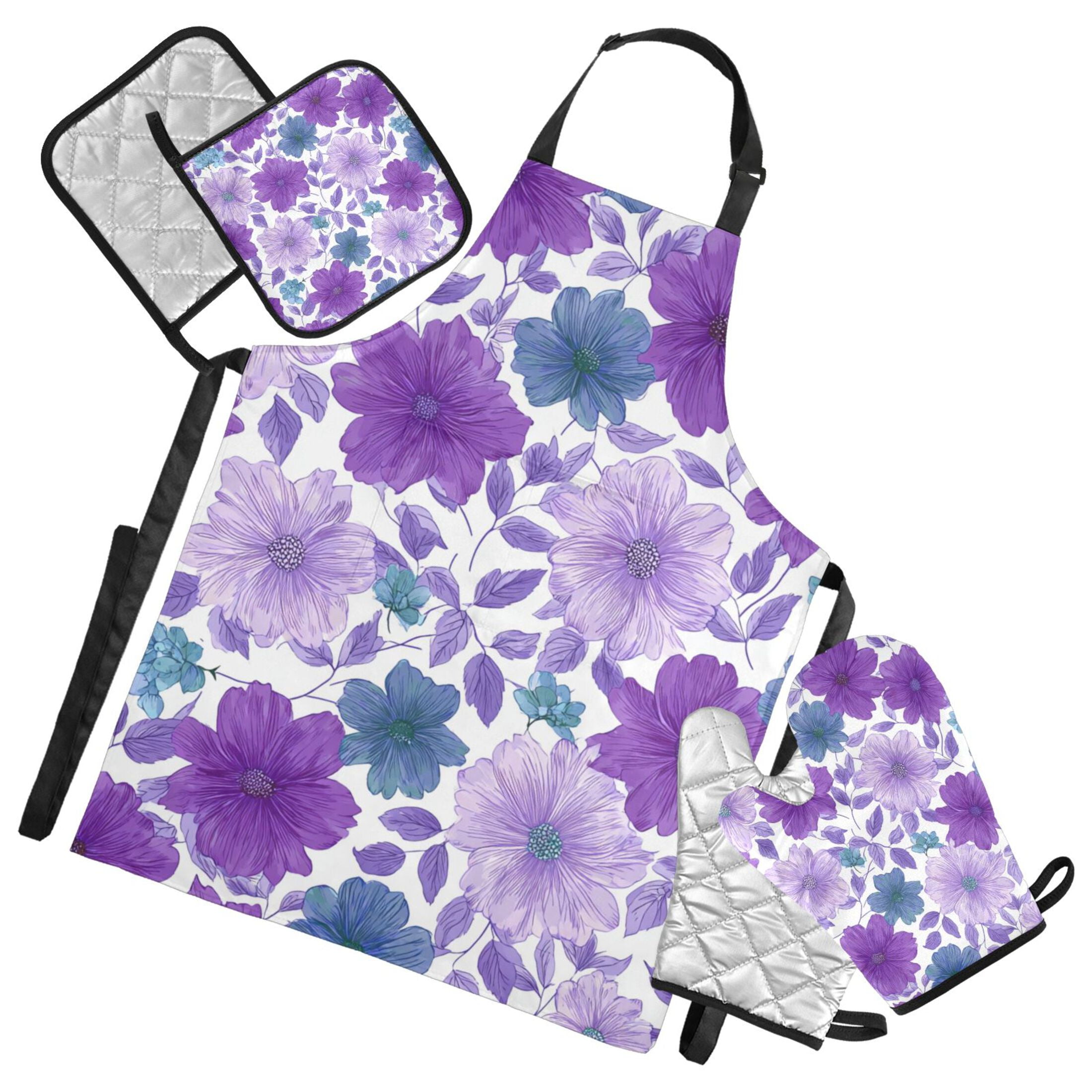 Purple and Blue Flowers Leaves Apron Set with Oven Mitts Pot Holders ...