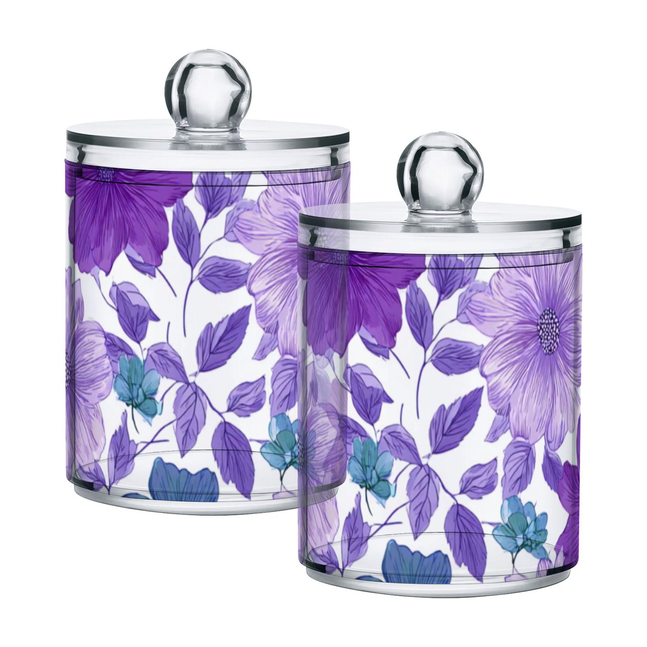 Purple and Blue Flowers Leaves Translucent Plastic Cans Storage ...