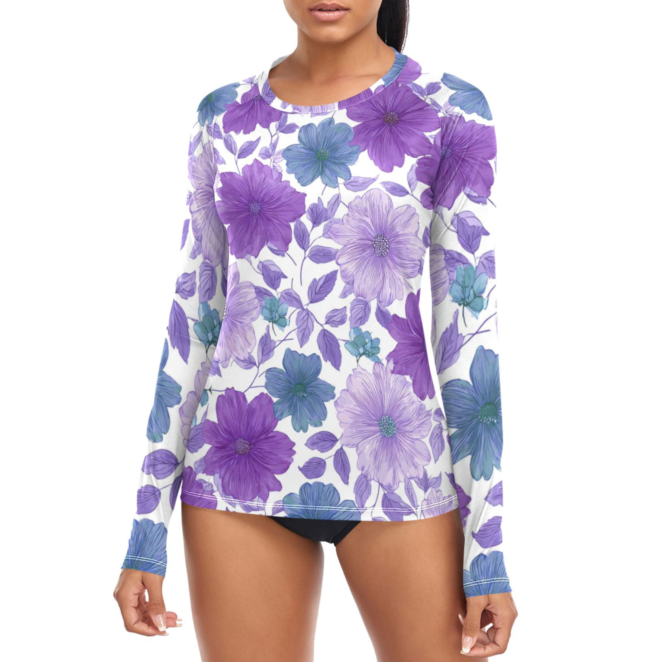 Purple and Blue Flowers Leaves Women's Rash Guard Shirts UPF 50+ Sun ...