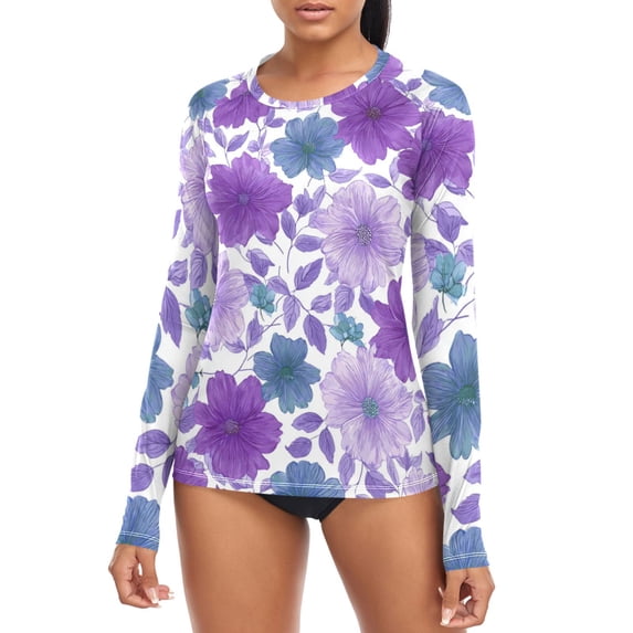 Purple and Blue Flowers Leaves Women's Rash Guard Shirts UPF 50+ Sun ...