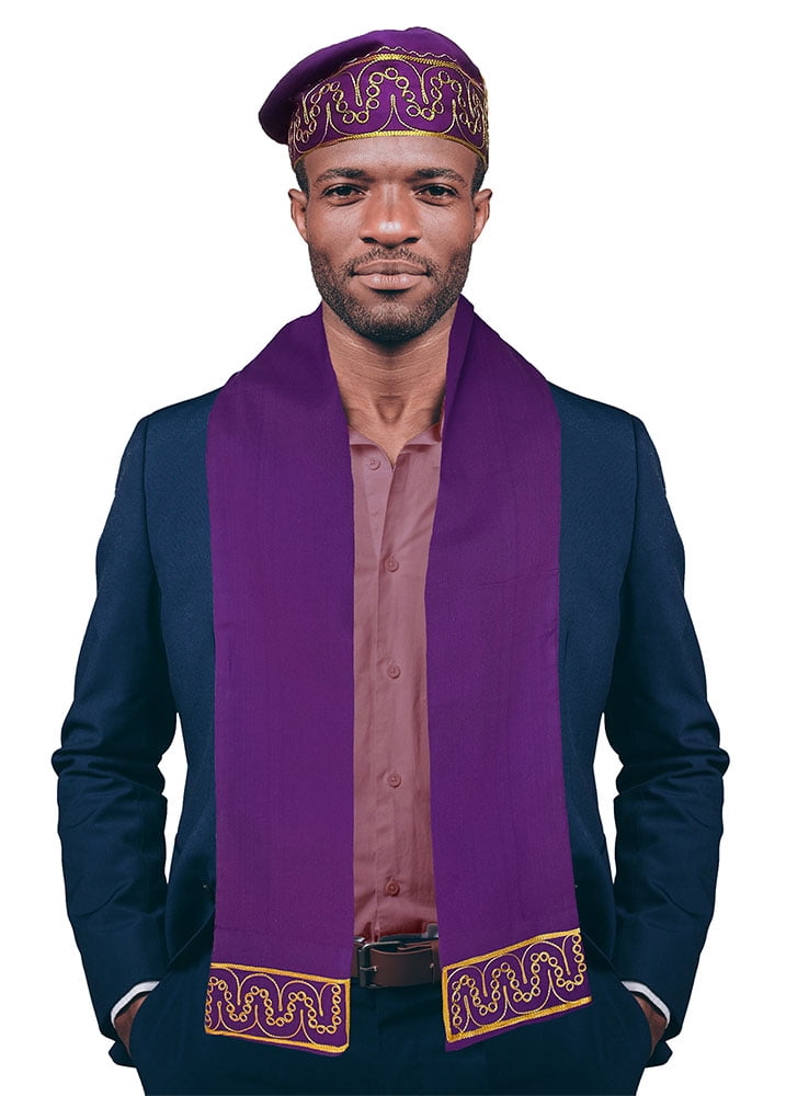 Purple and Gold Embroidered African Hat and Sash/Scarf - Walmart.com