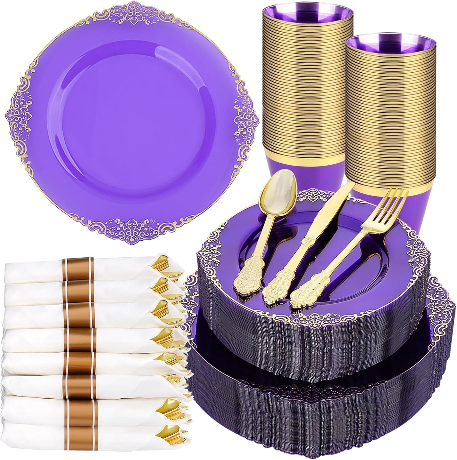 Purple and Gold Plastic Plates, Disposable Dinnerware Set for 50 Guests ...