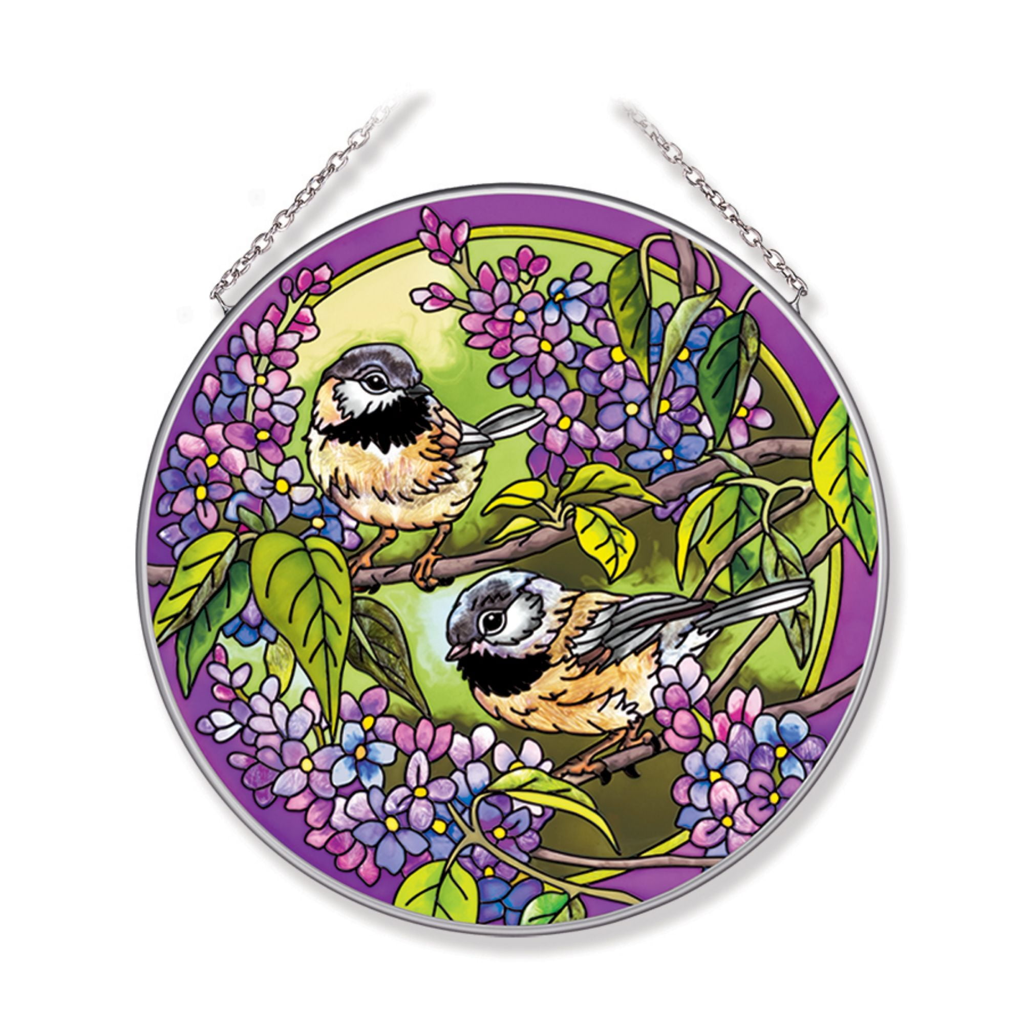 Purple and Green Chickadees Round Glass Wall Art Decor 6.75" - Walmart.com