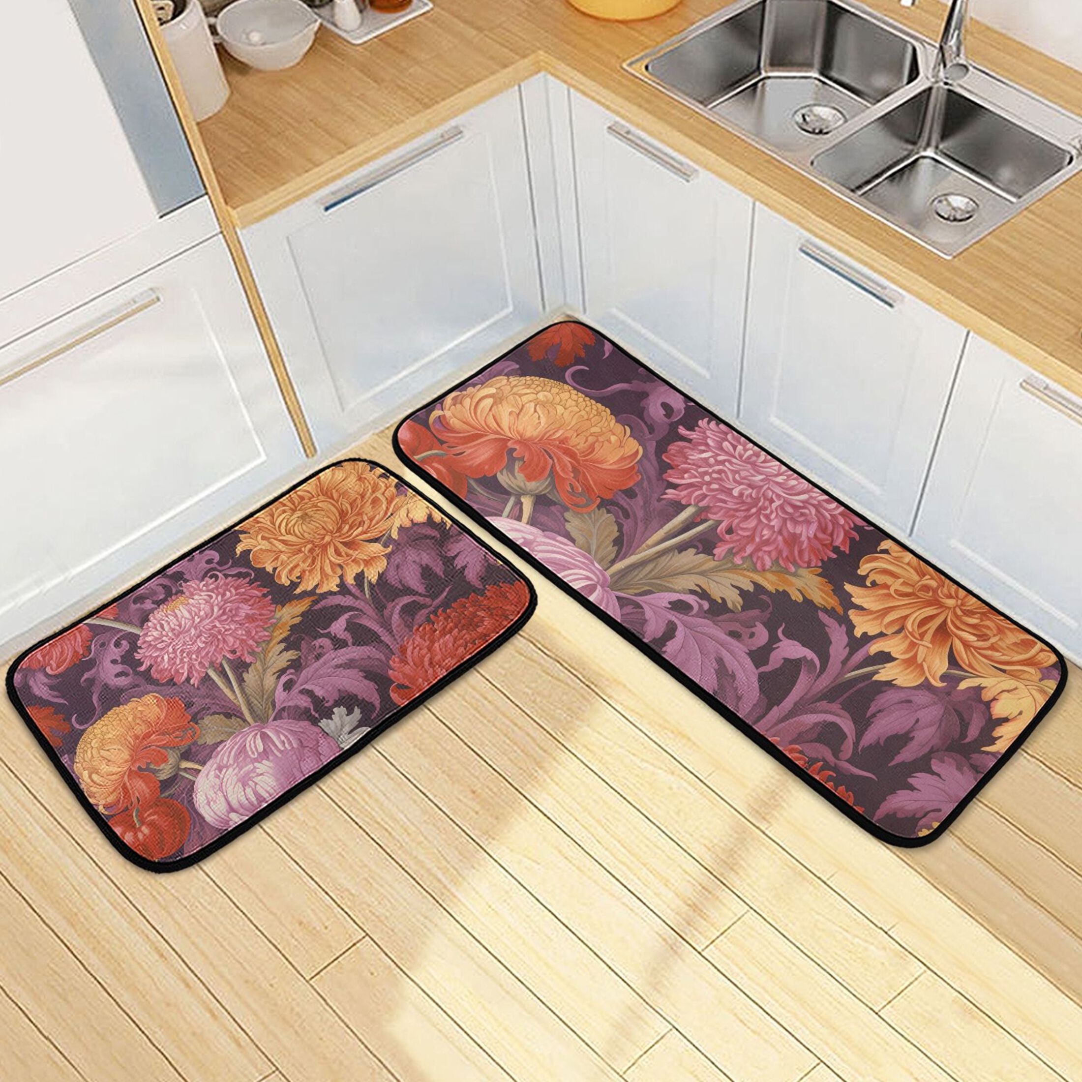 Purple and Orange Flowers Kitchen Mats Set 2 Piece Non Slip Floor Foam ...